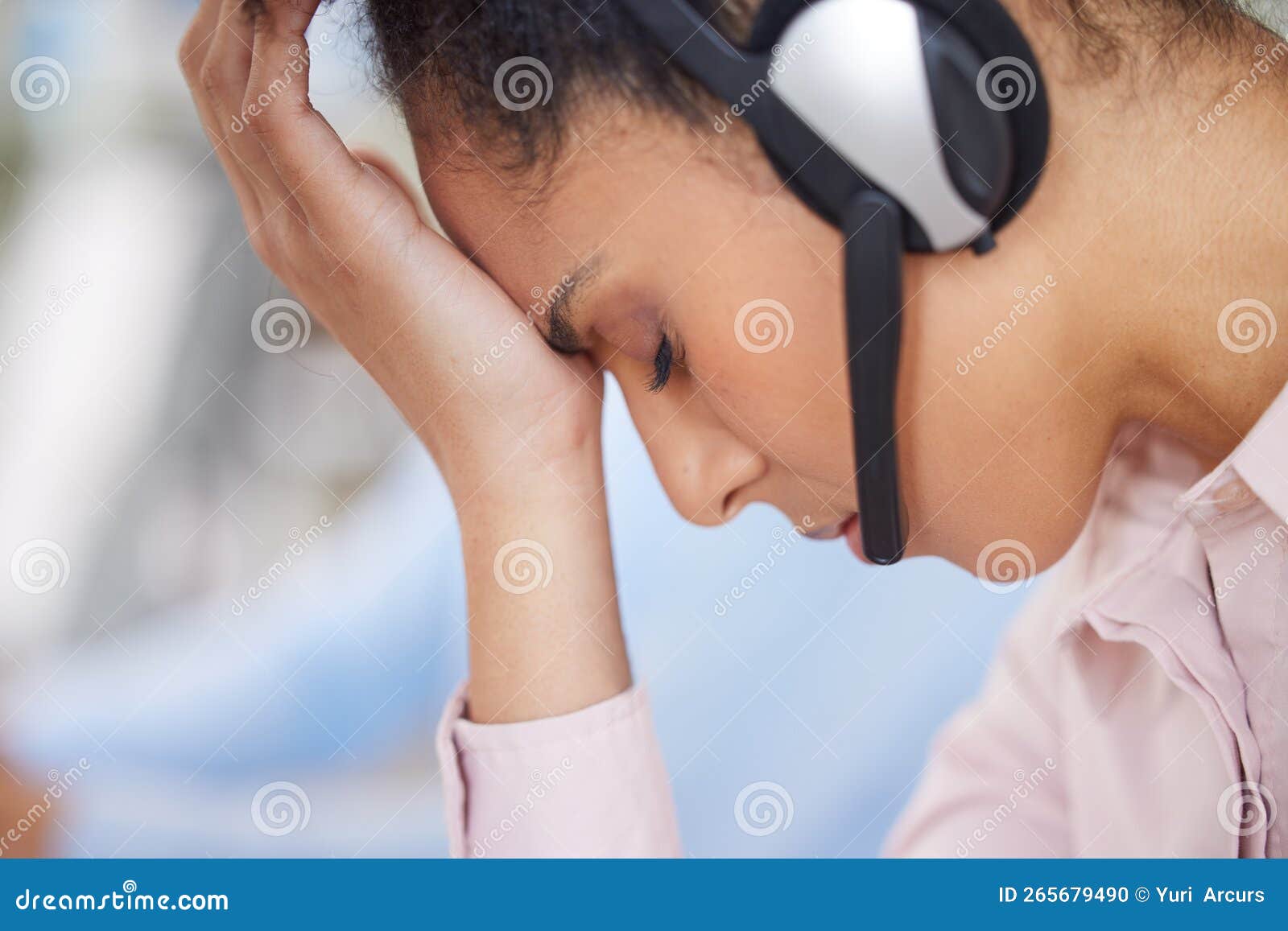 Call Center, Headache and Woman with Stress from Telemarketing ... Call Center, Headache and Woman with Stress from Telemarketing ...
