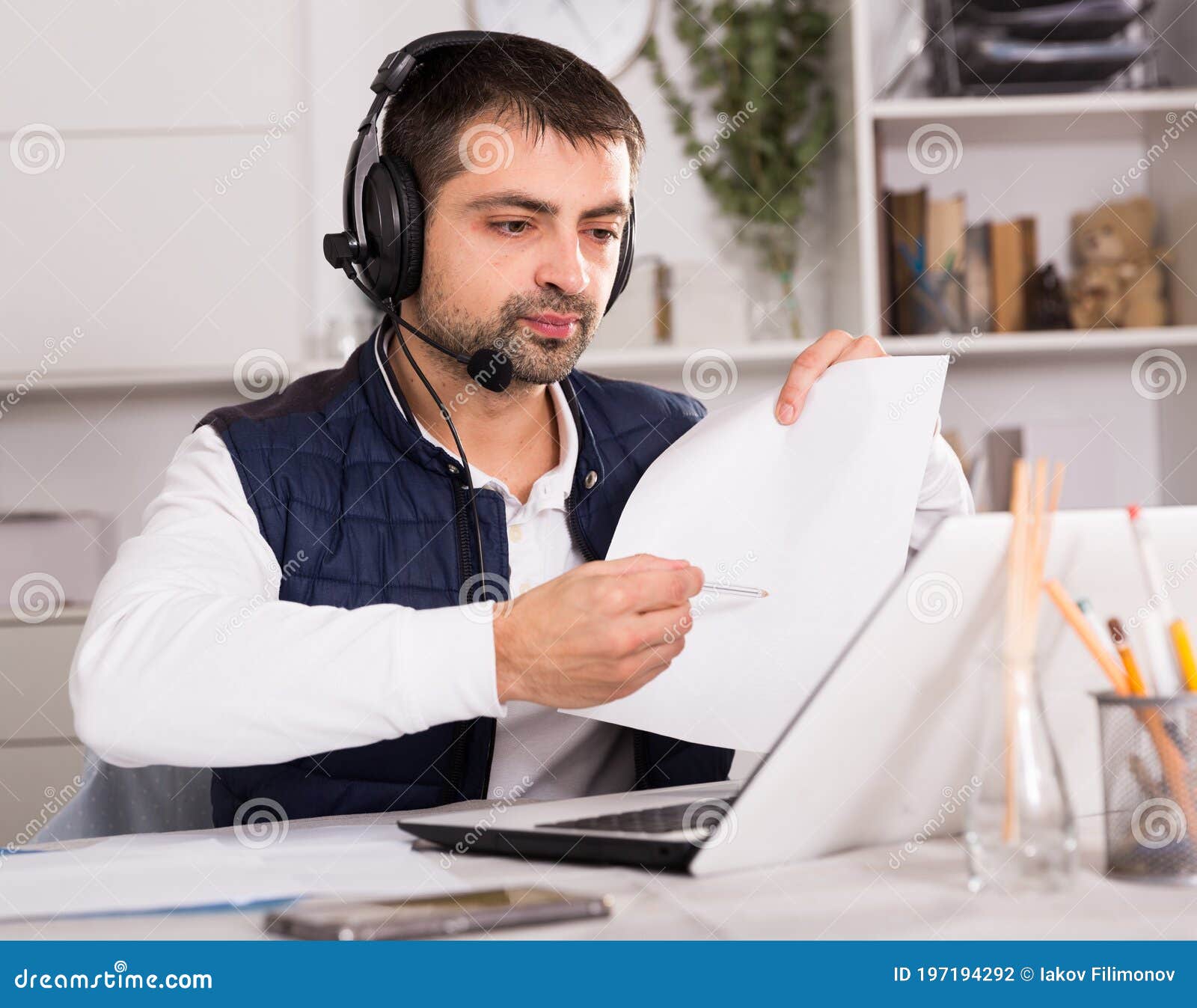 Call Center Man Operator with Headset Talking with Client Stock Photo ...