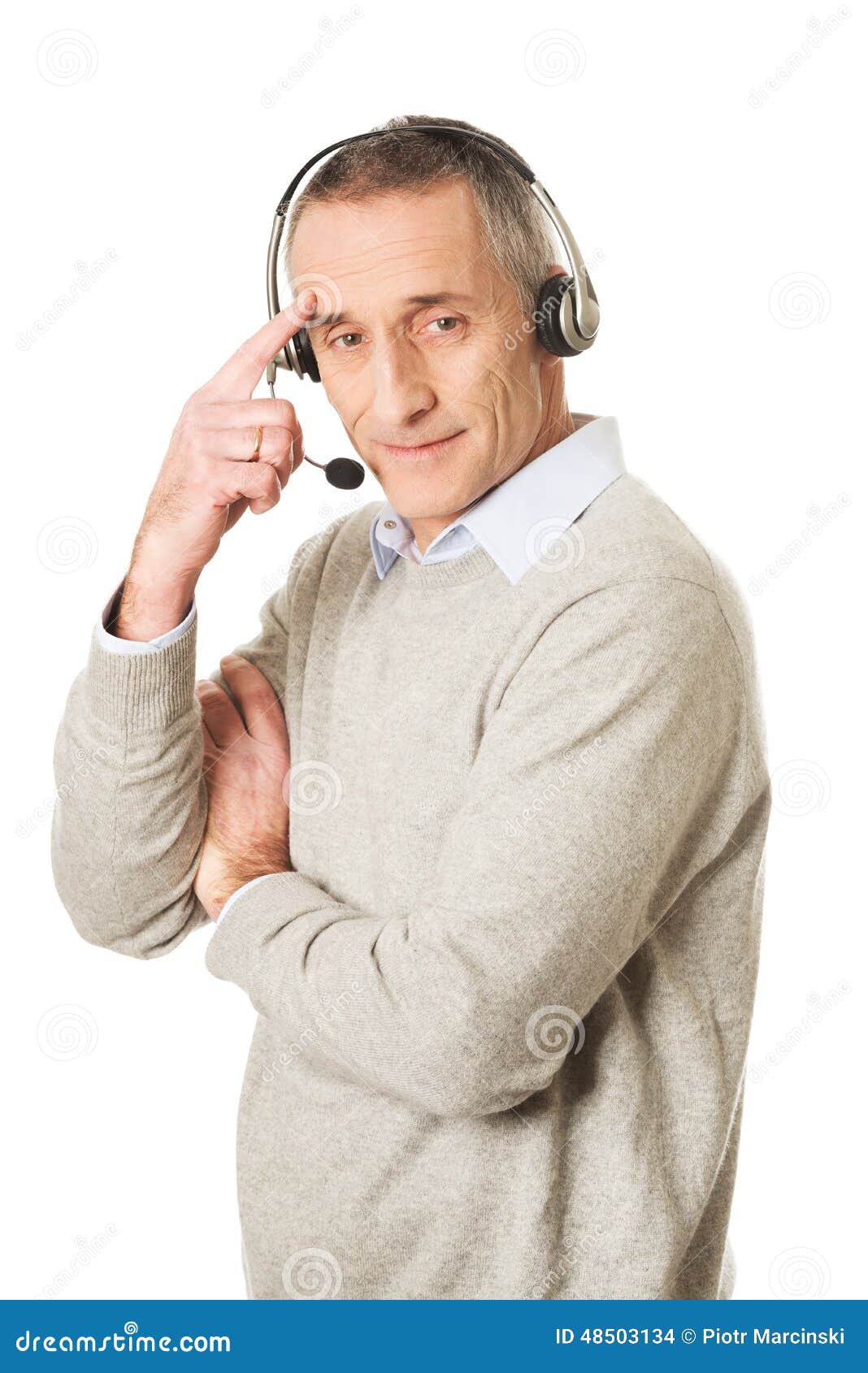 Call Center Man Wearing a Headset Touching Head Stock Photo - Image of ...