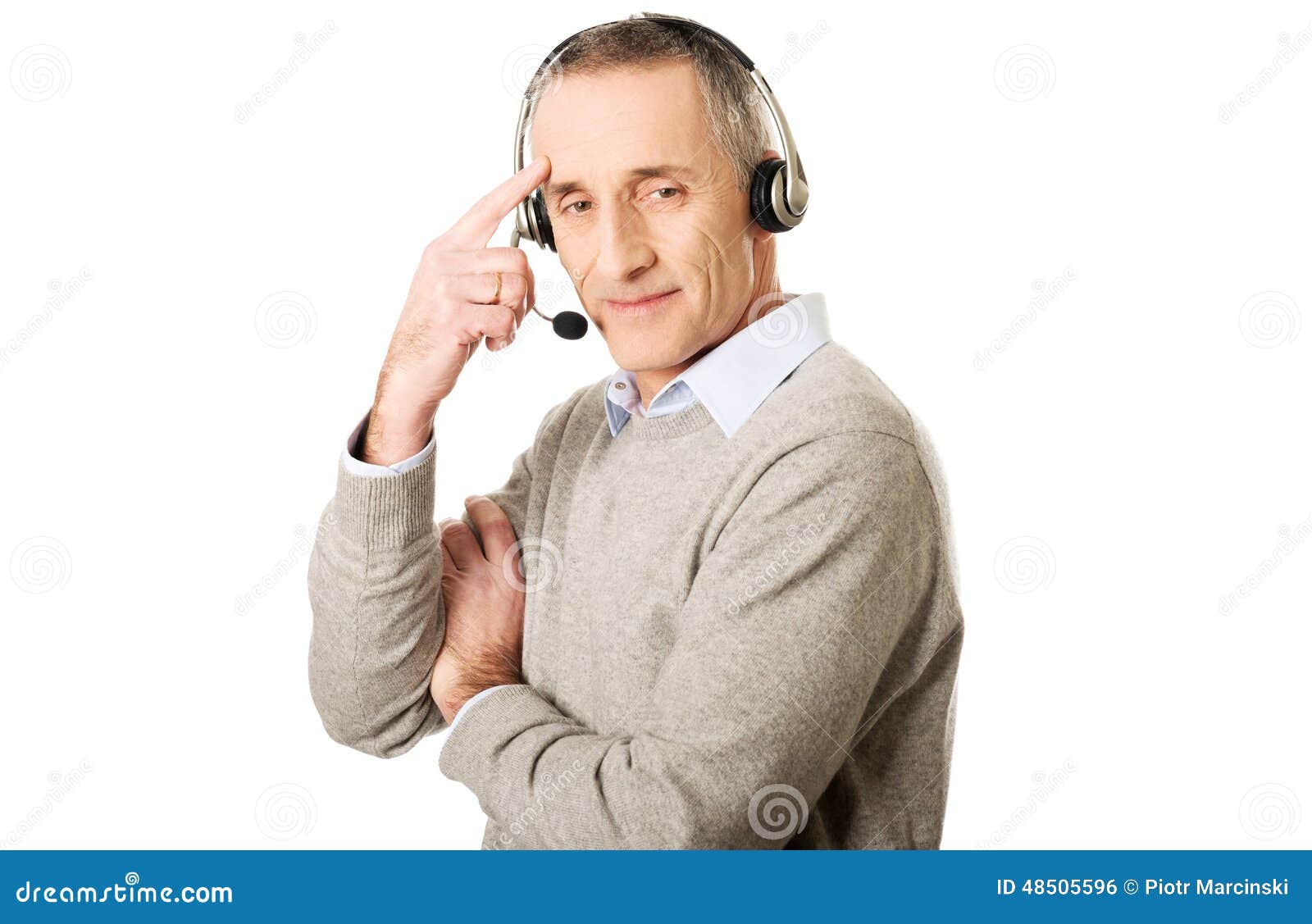 Call Center Man Wearing a Headset Touching Head Stock Photo - Image of ...