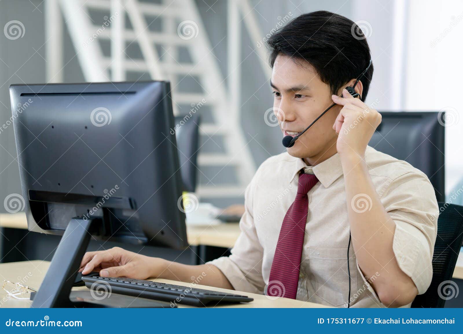 Call Center Operator Agent in a Headset with Microphone Consulting ...