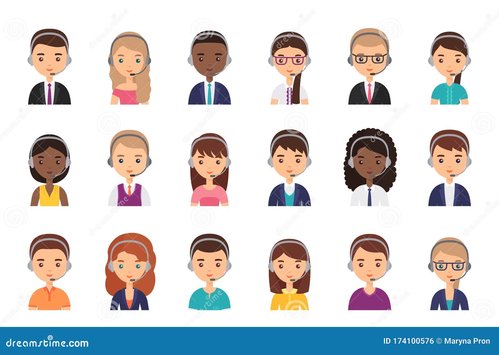 Call Center Operator Avatars in Headset. Vector Illustration. Flat ...