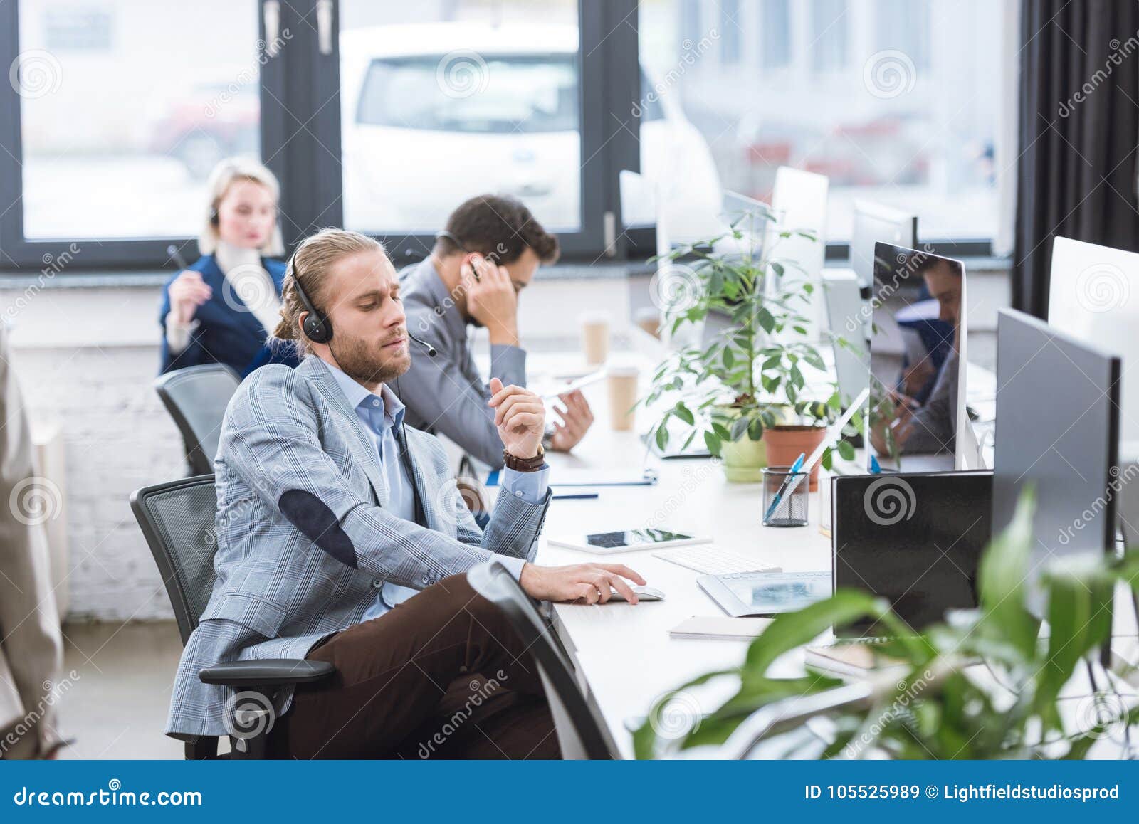 Call Center Operator in Headset at Workplace Stock Image - Image of ...