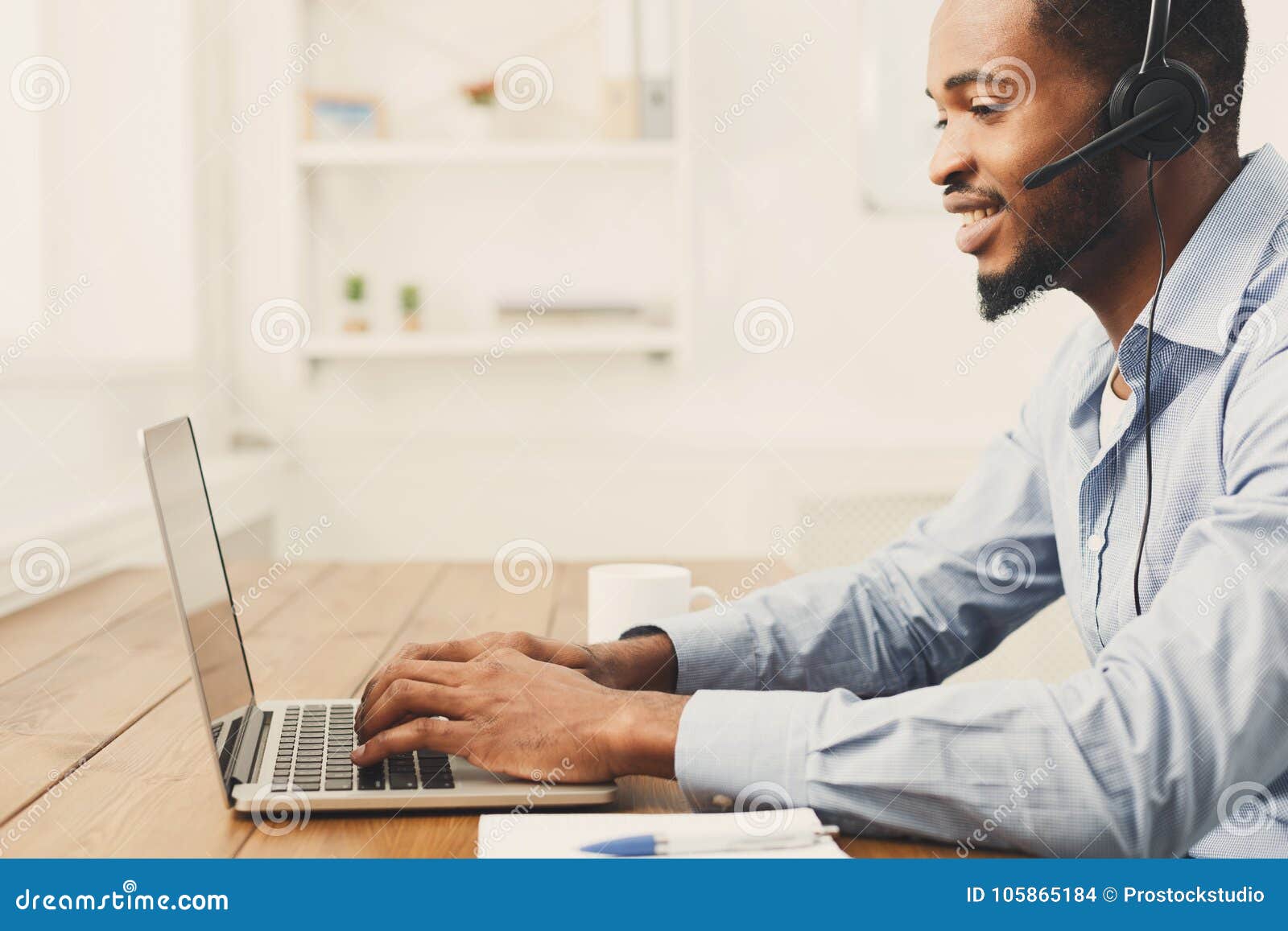 Call Center Operator Man with Headset Working Stock Photo - Image of ...