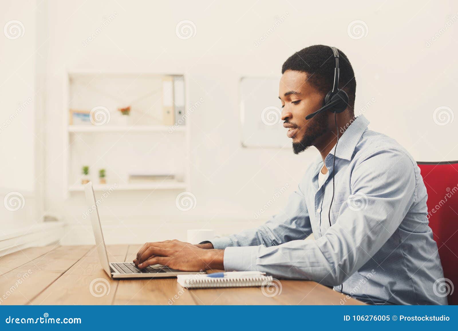 Call Center Operator Man with Headset Working Stock Image - Image of ...