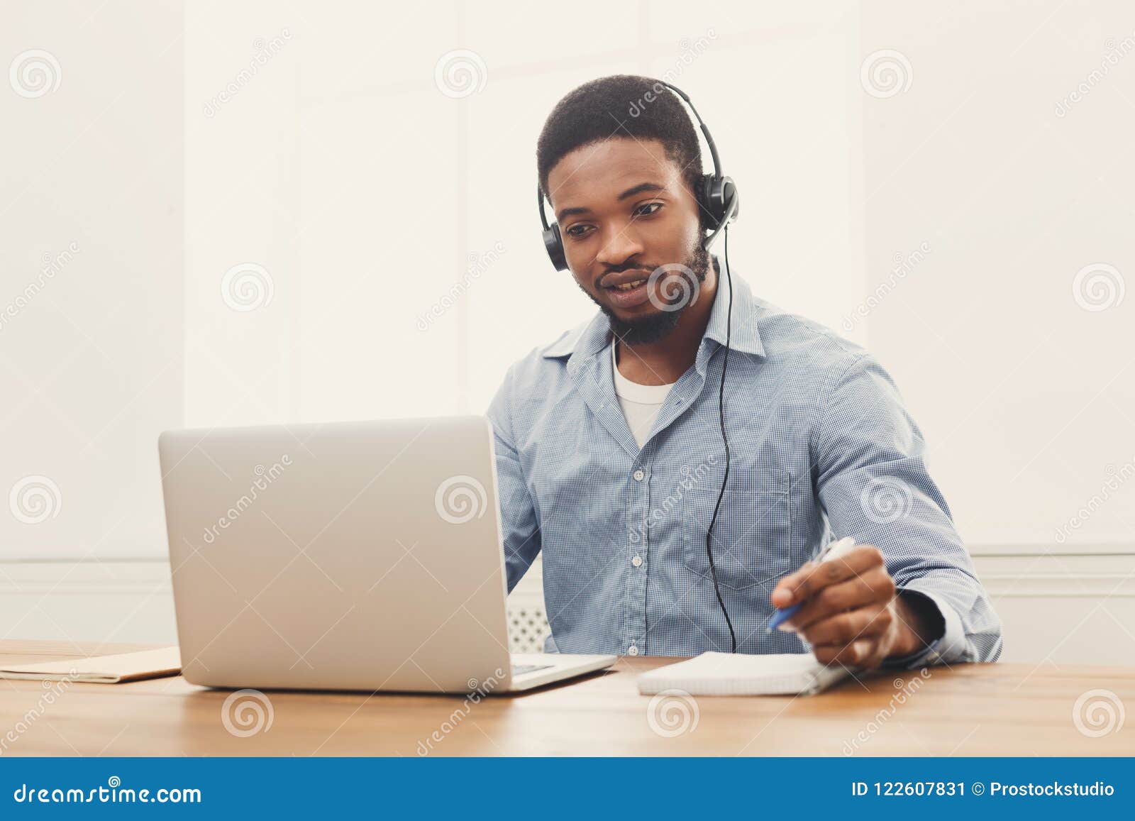 Call Center Operator Man with Headset Working Stock Image - Image of ...