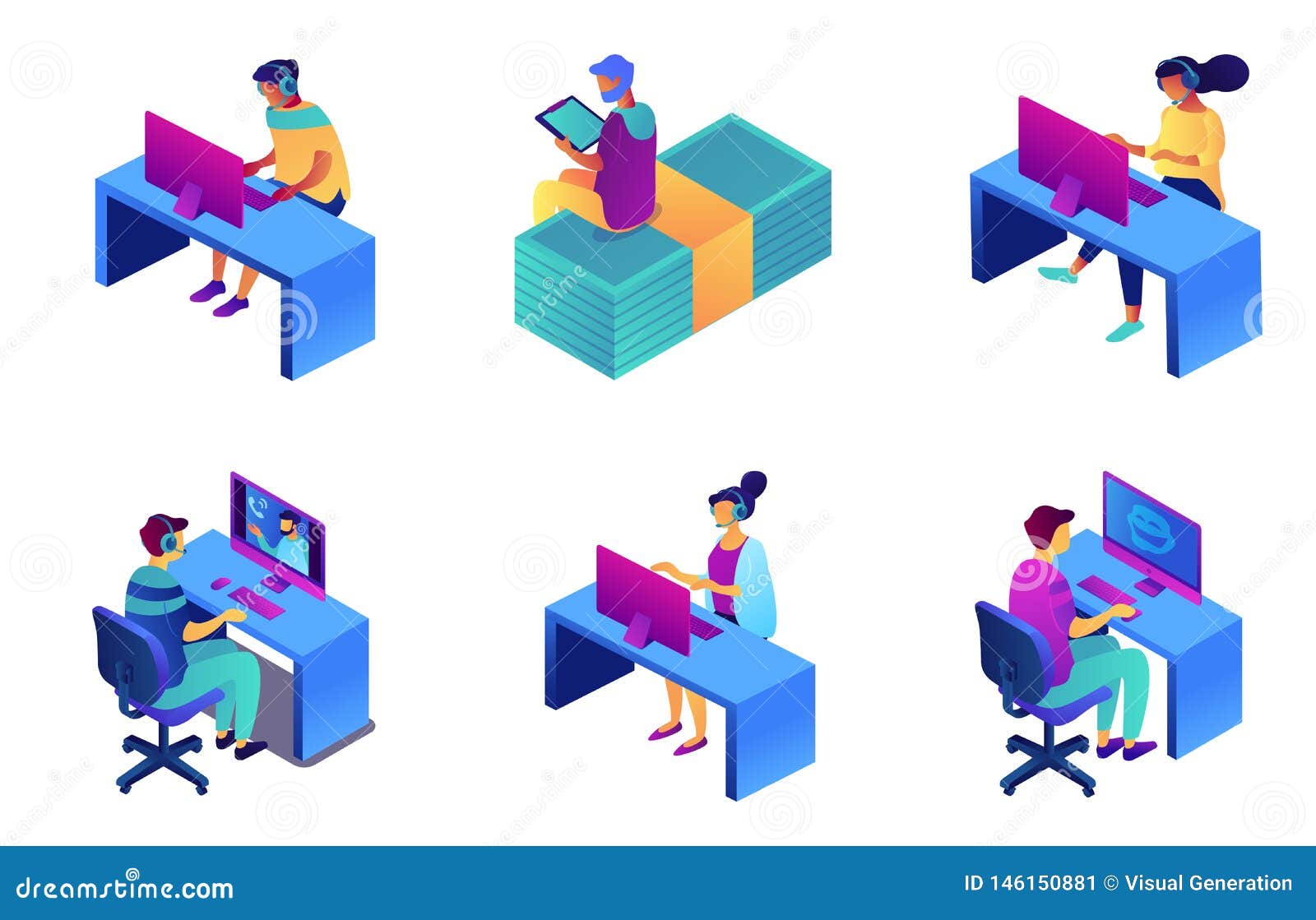 Call Center Operators in Headset Isometric 3D Illustration Set. Stock ...