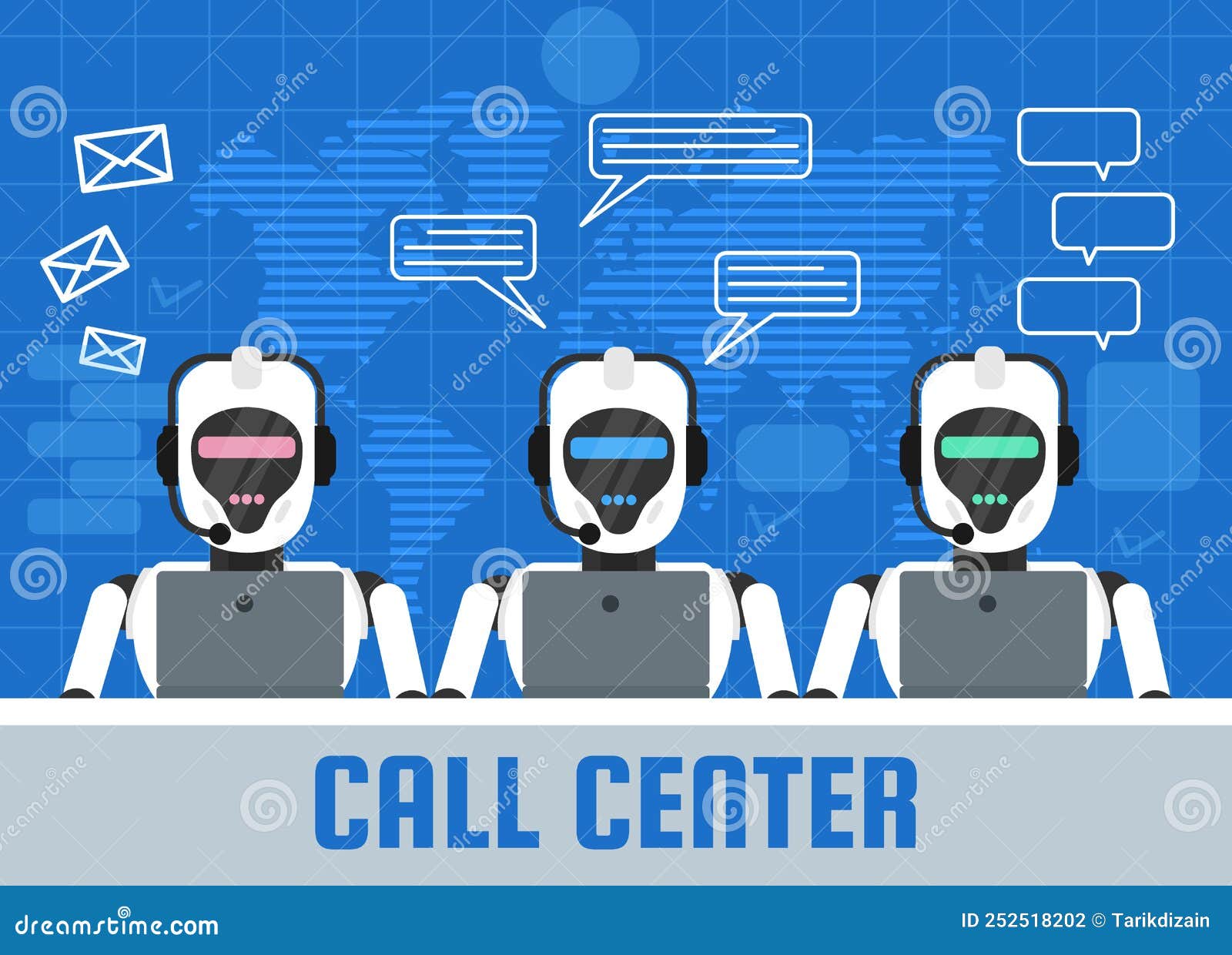 Call Center Operators. Robots Android at Work Place with Laptop Stock ...