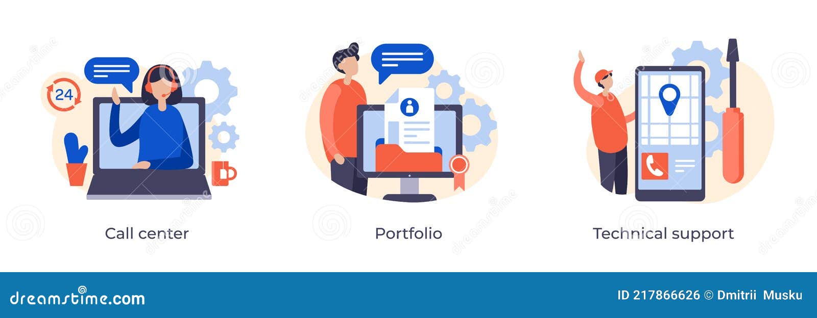 Call Center, Portfolio and Technical Support Concept Flat Illustration ...