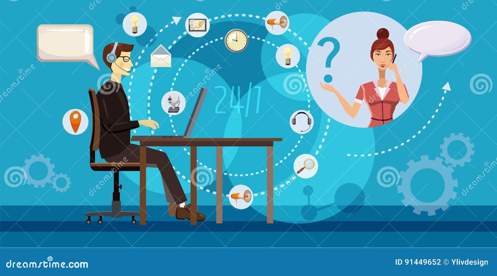 Call Center Round Banner Horizontal, Cartoon Style Stock Vector ...