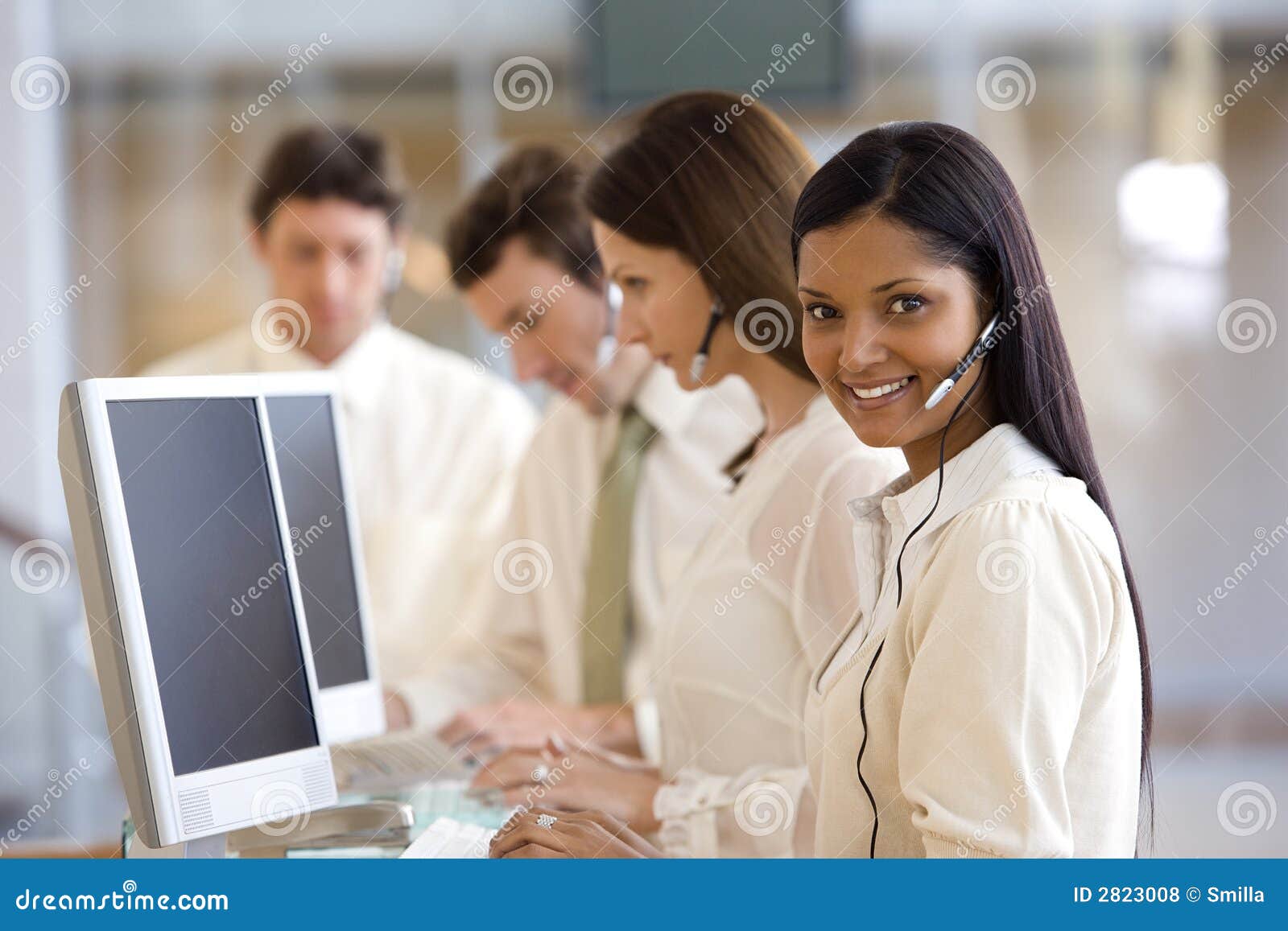 Call Center with Smiling Woman Stock Photo - Image of people, office ...