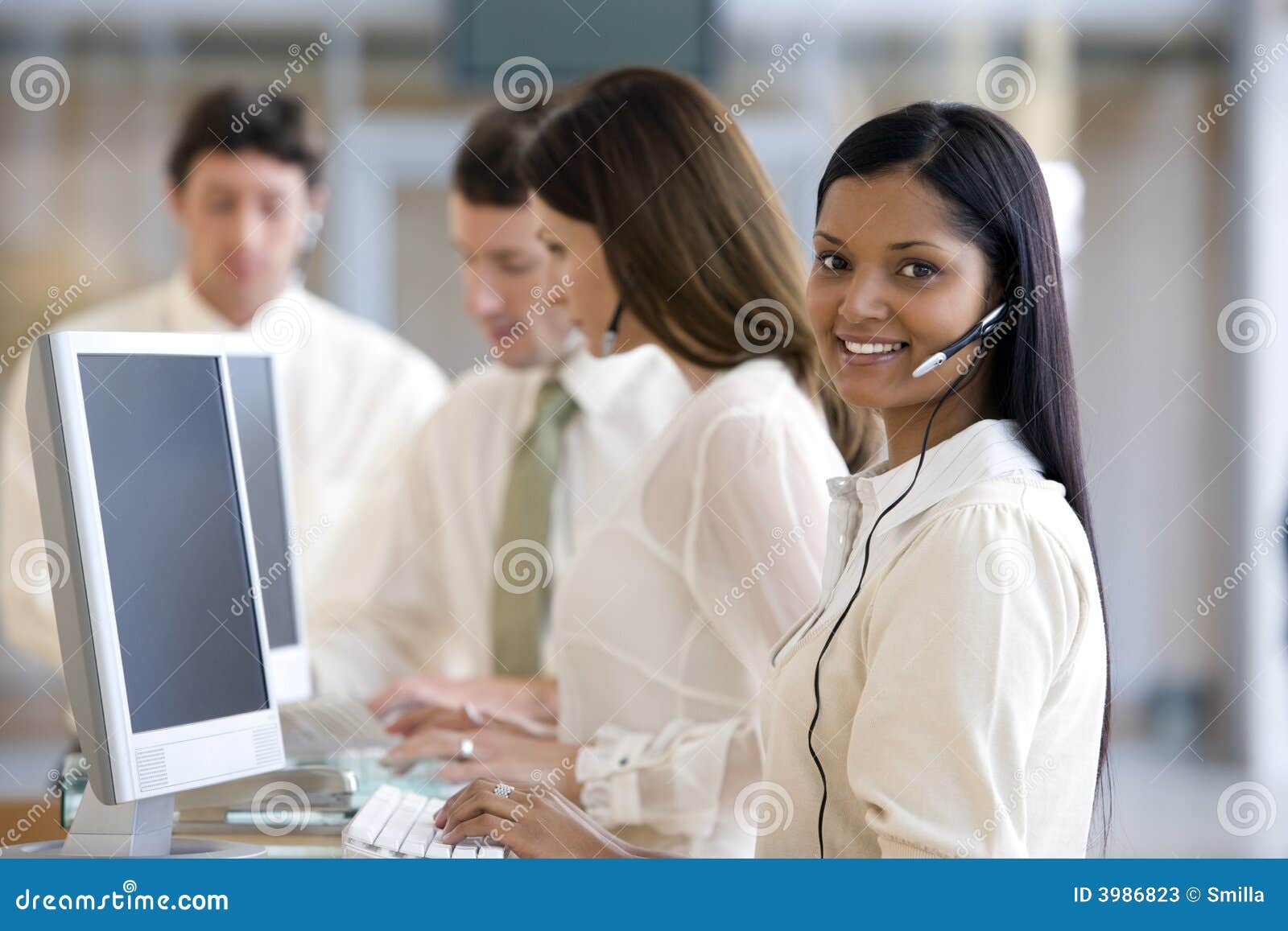 Call Center with Smiling Woman Stock Image - Image of person, group ...