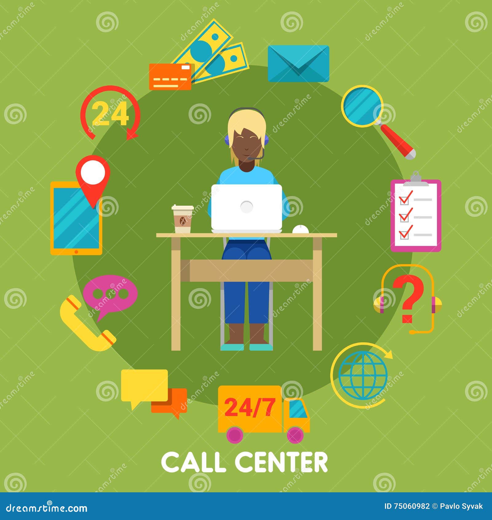 Call Center Support with Operator and Icon Set Stock Vector ...