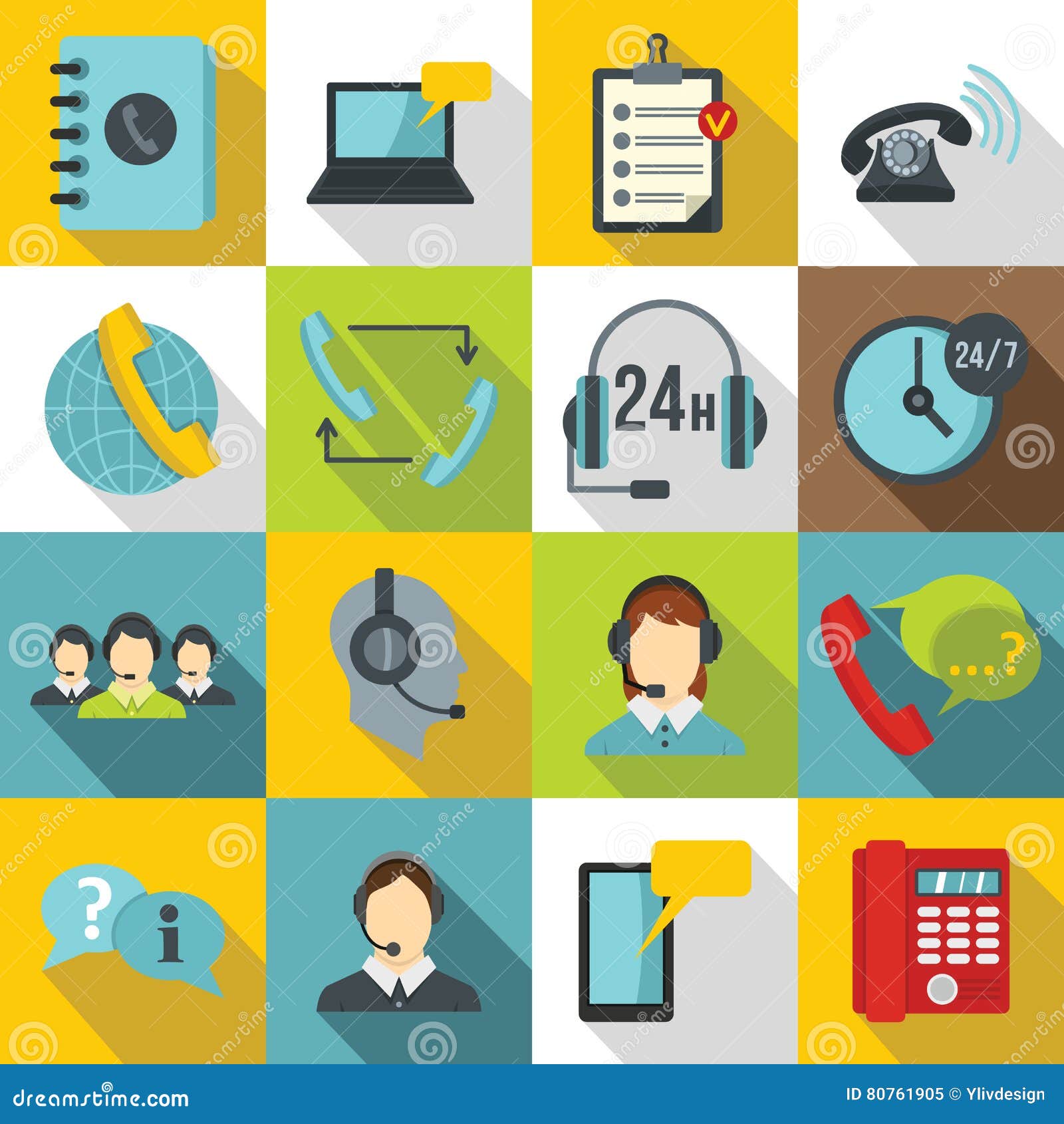 Call Center Symbols Icons Set, Flat Style Stock Vector - Illustration ...