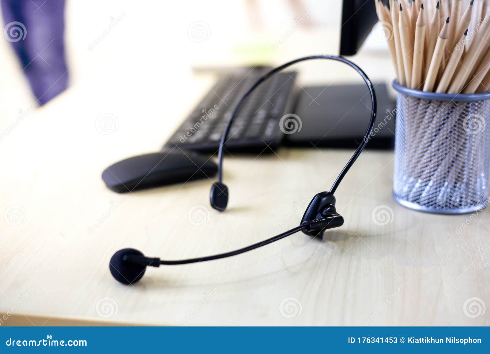 Call Center Table,Office Desk with Headset and Supplies,Selective Focus ...