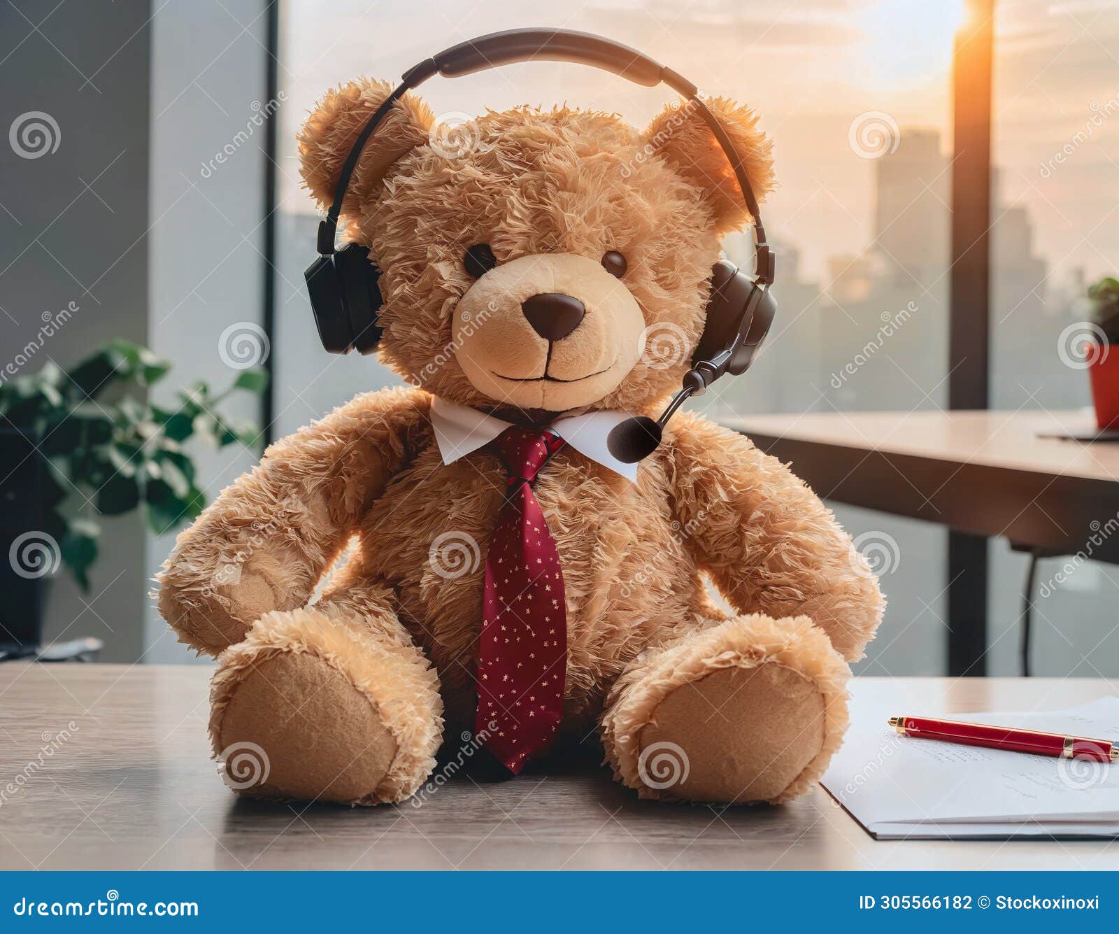 Call Center Teddy Bear with Headset Sitting on Office Desk Stock ...