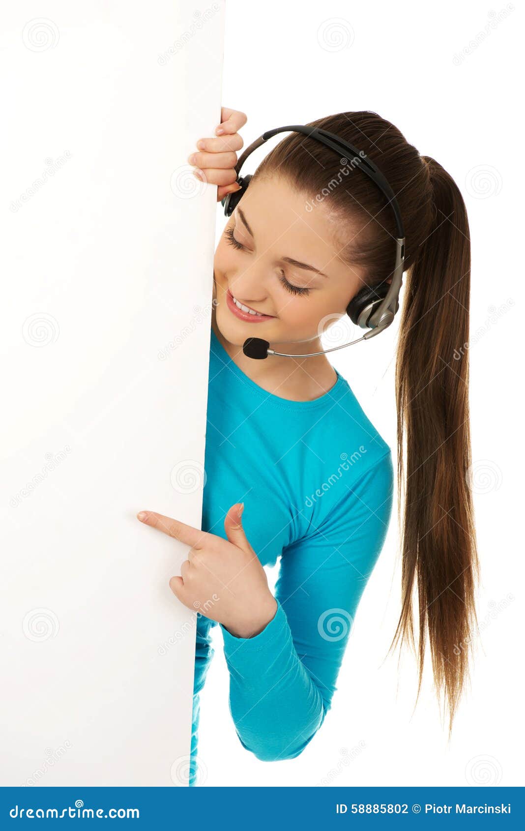 Call Center Woman Pointing on Billboard. Stock Photo - Image of ...