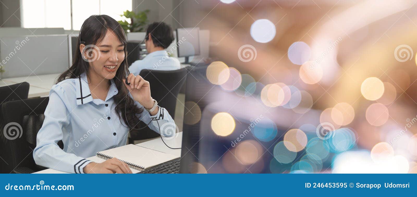 Call Center Young Employee Working with Headset, Smiling Customer ...