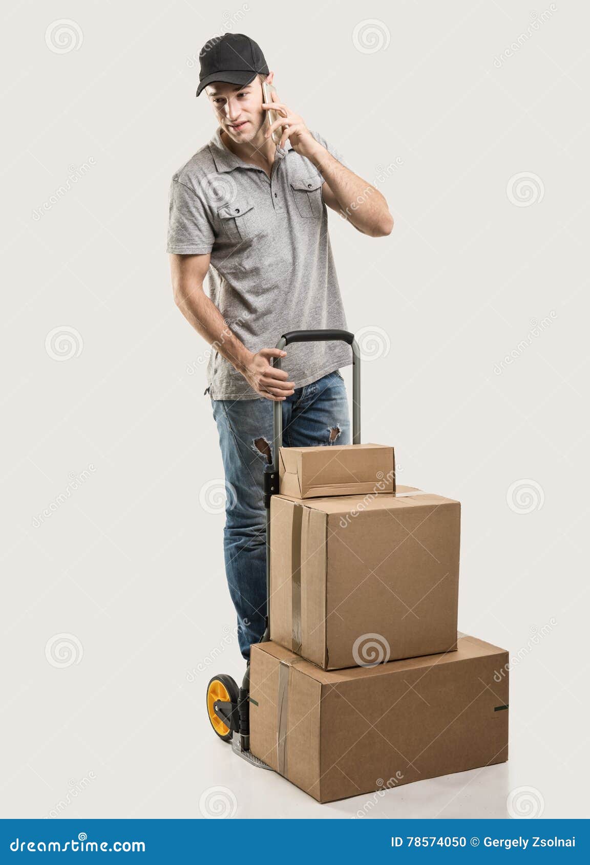 During a Call - Courier Hand Truck Boxes and Packages Stock Photo ...
