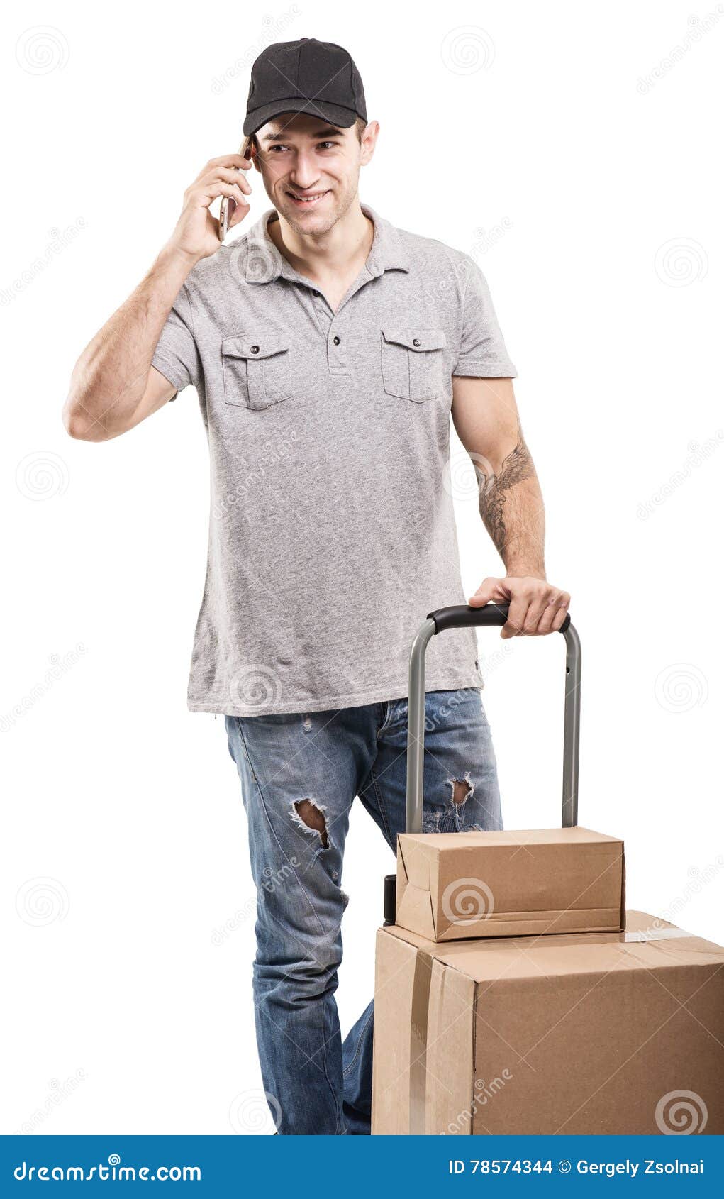 During a Call - Courier Hand Truck Boxes and Packages Stock Photo ...