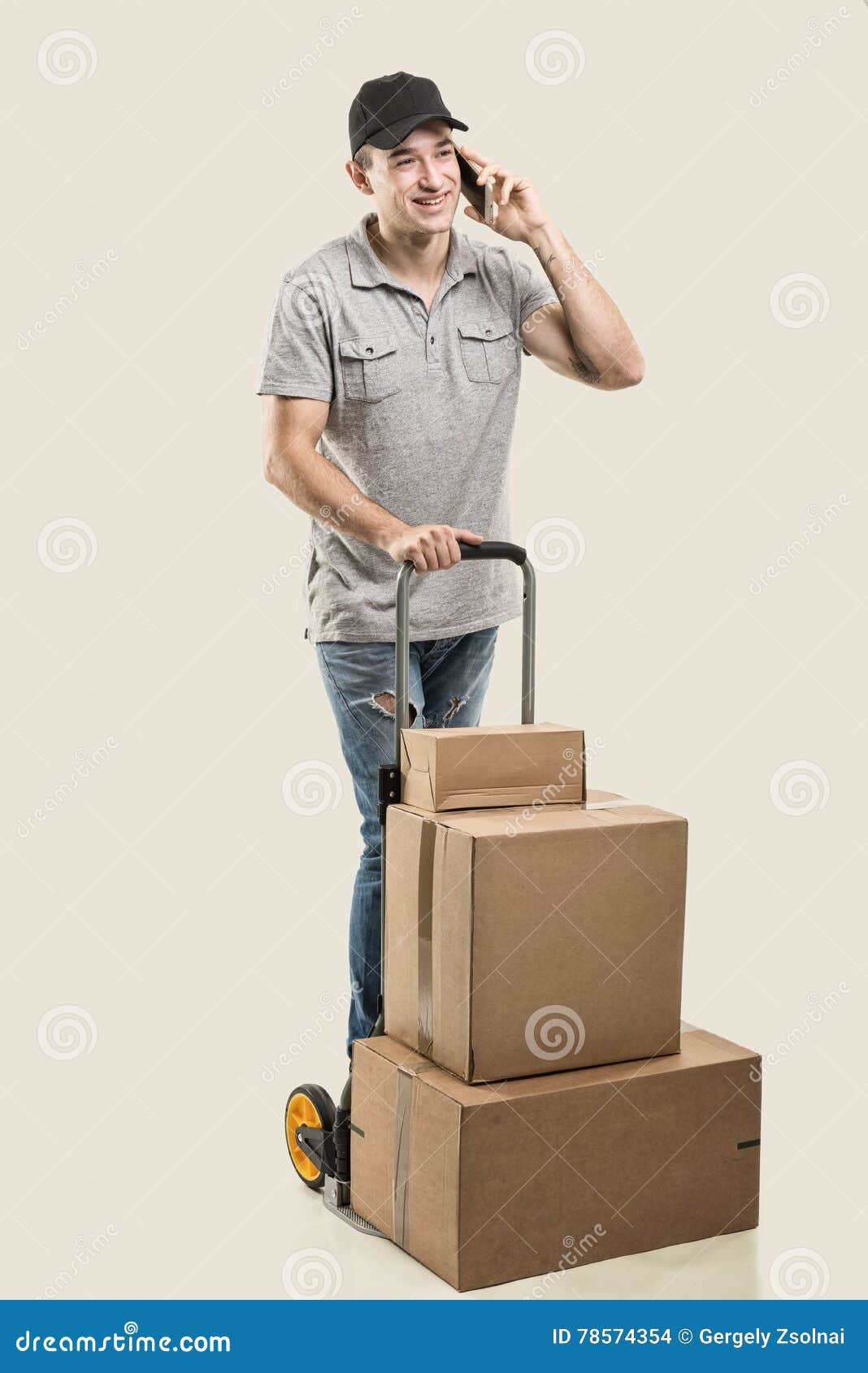During a Call - Courier Hand Truck Boxes and Packages Stock Photo ...