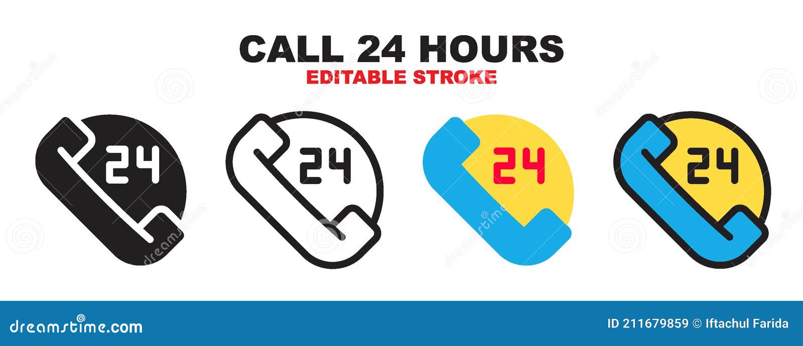 Call 24 Hours Icon Set with Different Styles. Editable Stroke Style Can ...