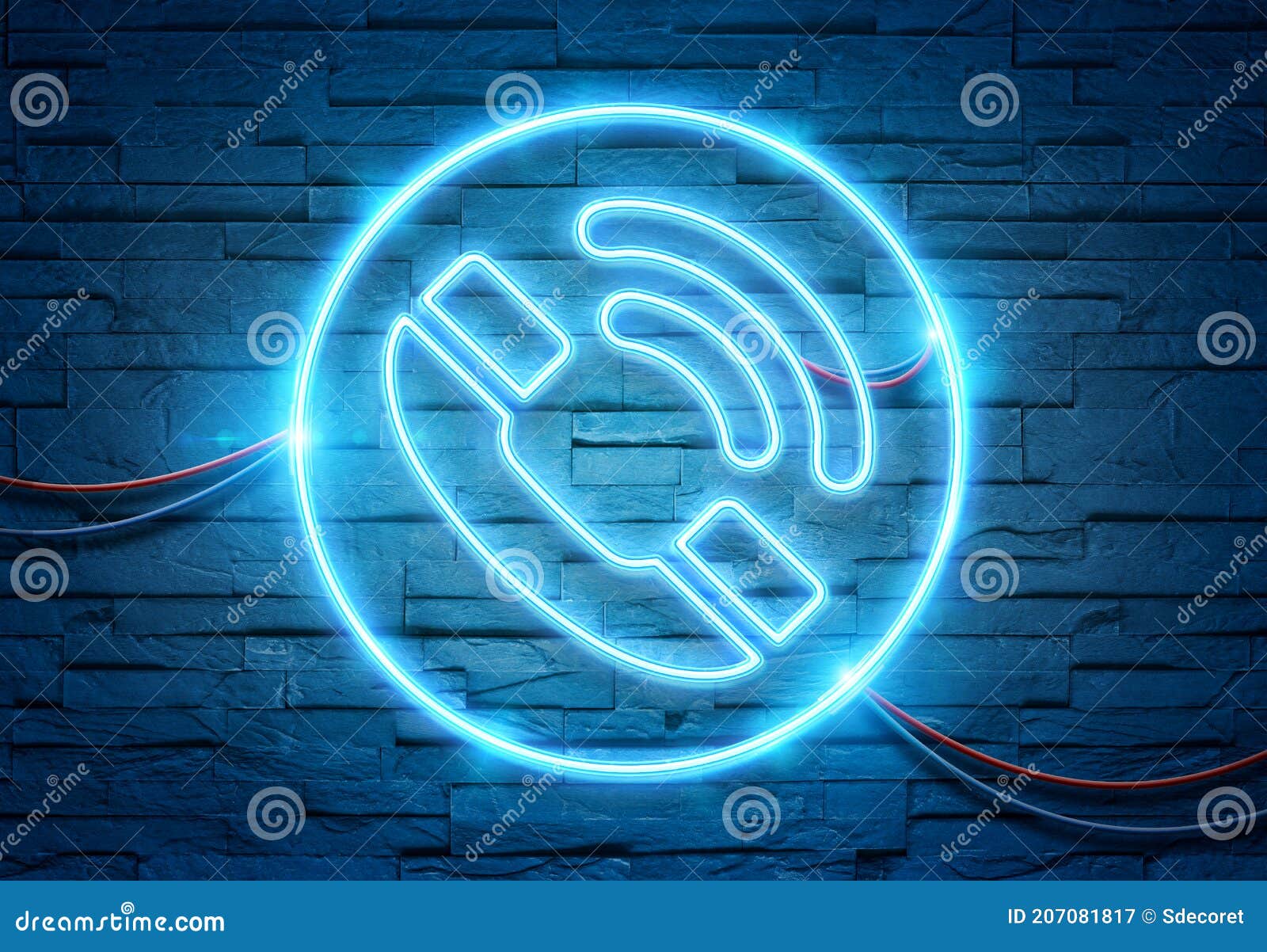 Call Neon Icon Illuminating a Brick Wall with Blue Glowing Light 3D ...
