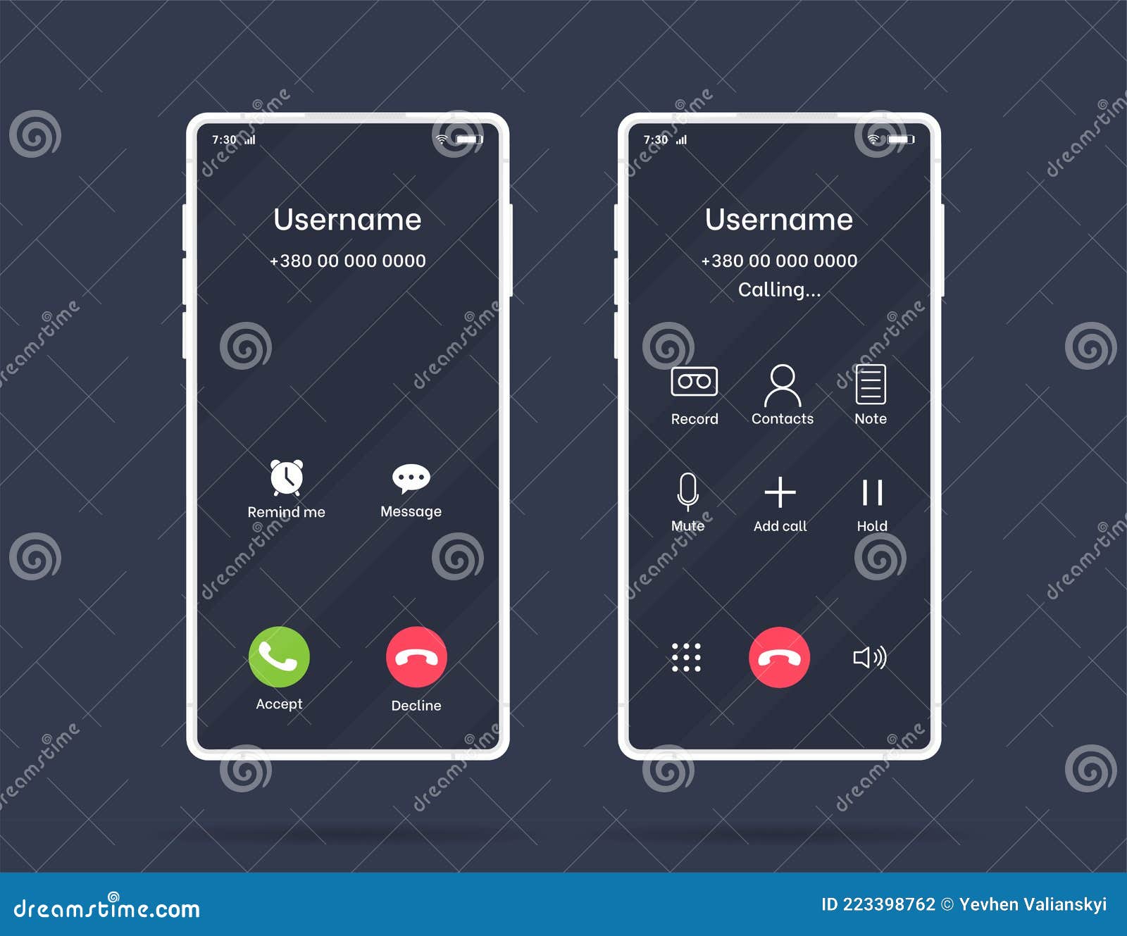 Call Screen Smartphone Interface Vector Template, Mobile App Page Dark ...