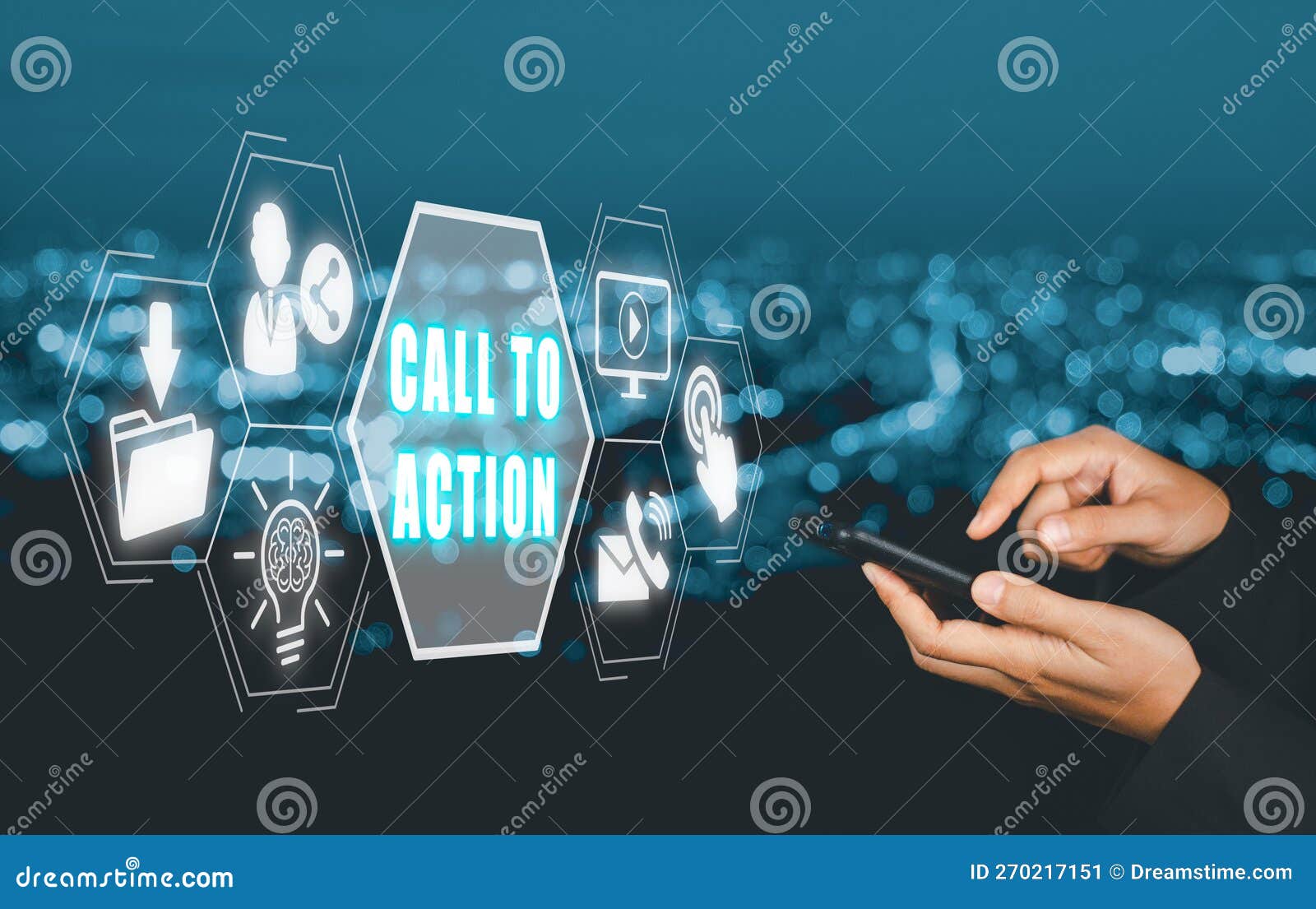 Person Hand Using Smart Phone with Call To Action Icon on Virtual ...
