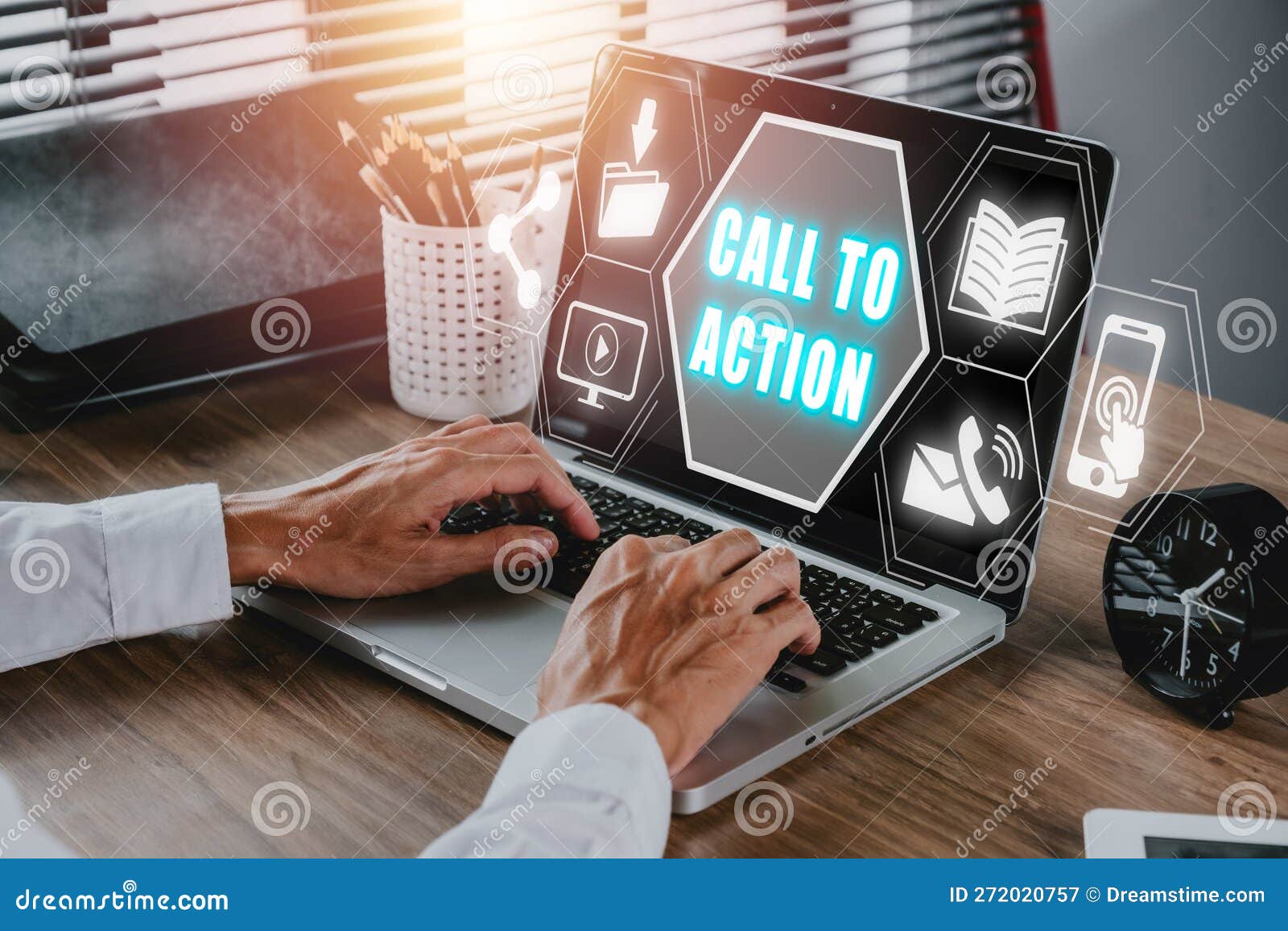 Person Working on Laptop Computer with Call To Action Icon on Virtual ...
