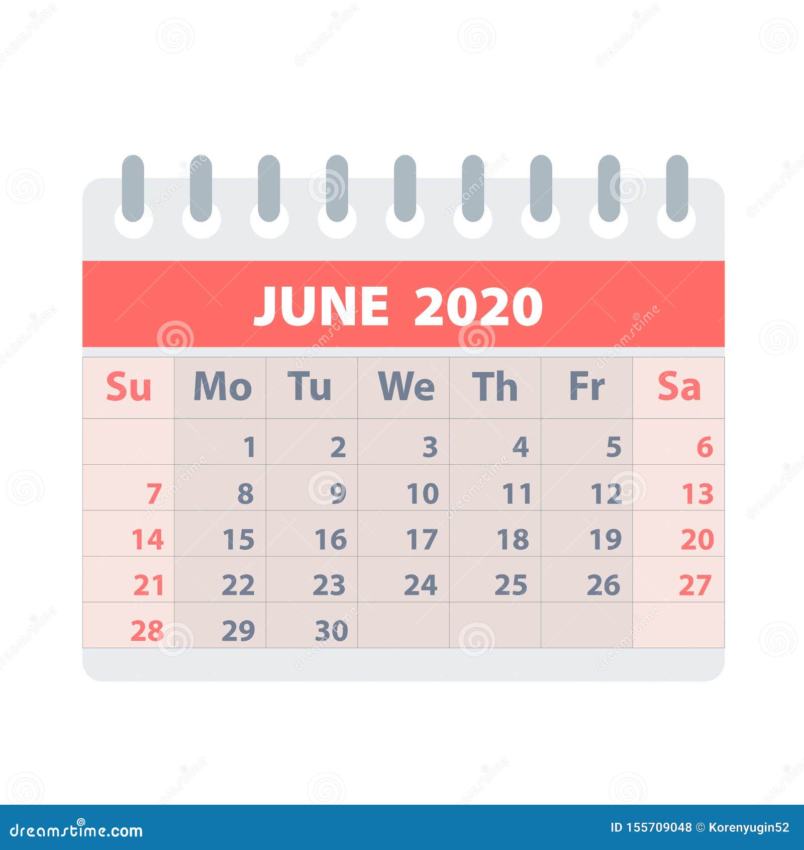 Callendar for June 2020 in Flat Style for Design on White, Stock Vector ...