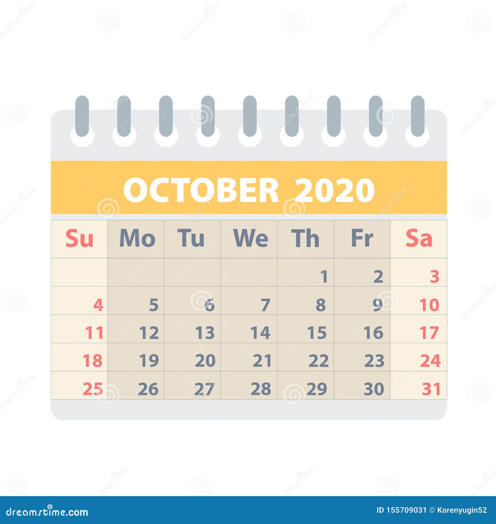 Callendar for October 2020 in Flat Style for Design on White, Stock ...