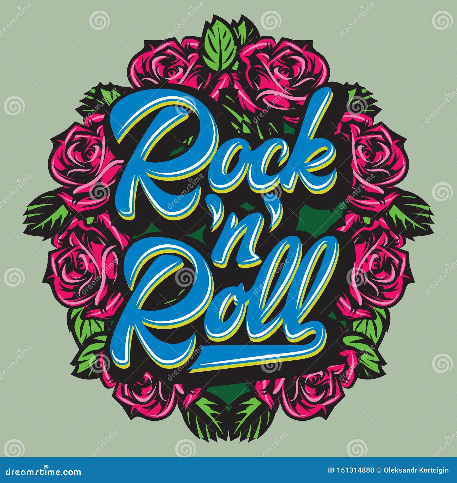Calligraphic Lettering Rock And Roll In A Frame Of The Wreath Of Roses ...