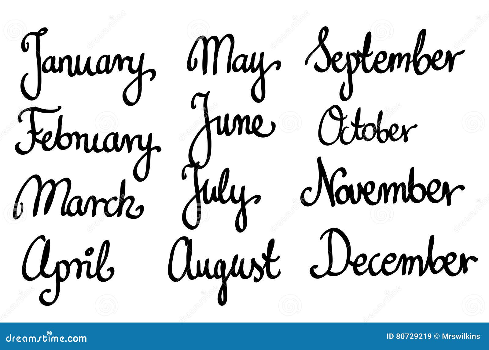 Month Names Cursive Typography Set. Handwritten Calligraphic Outline ...