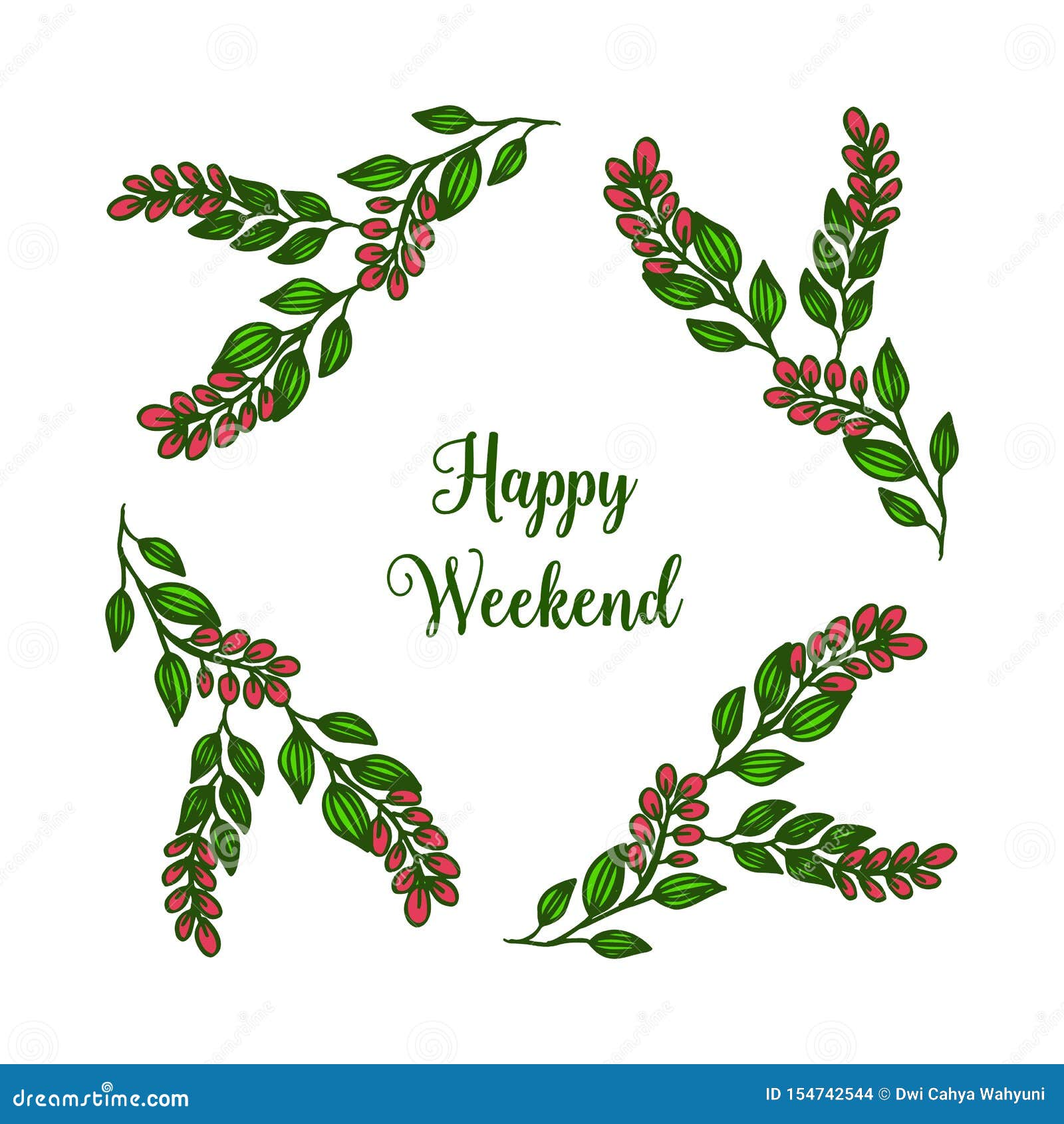 Calligraphic Text of Happy Weekend Modern, with Drawing of Leaf Flower ...