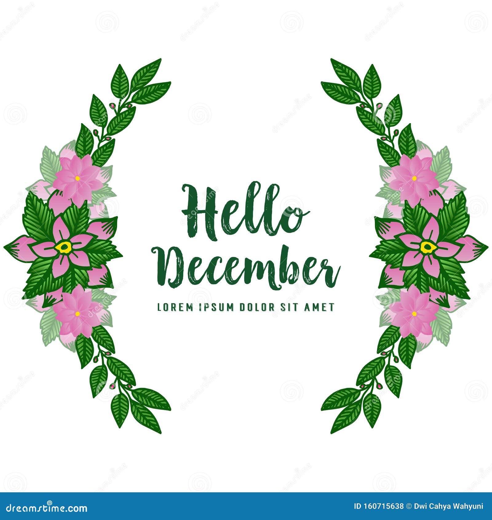 Calligraphic Text Hello December, with Elegant Pink Flower Frame ...