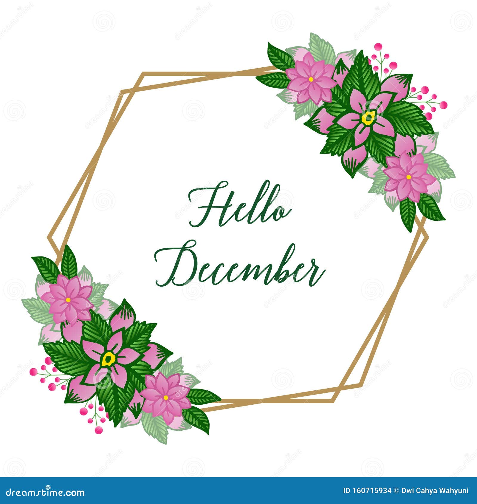 Calligraphic Text Hello December, with Elegant Pink Flower Frame ...