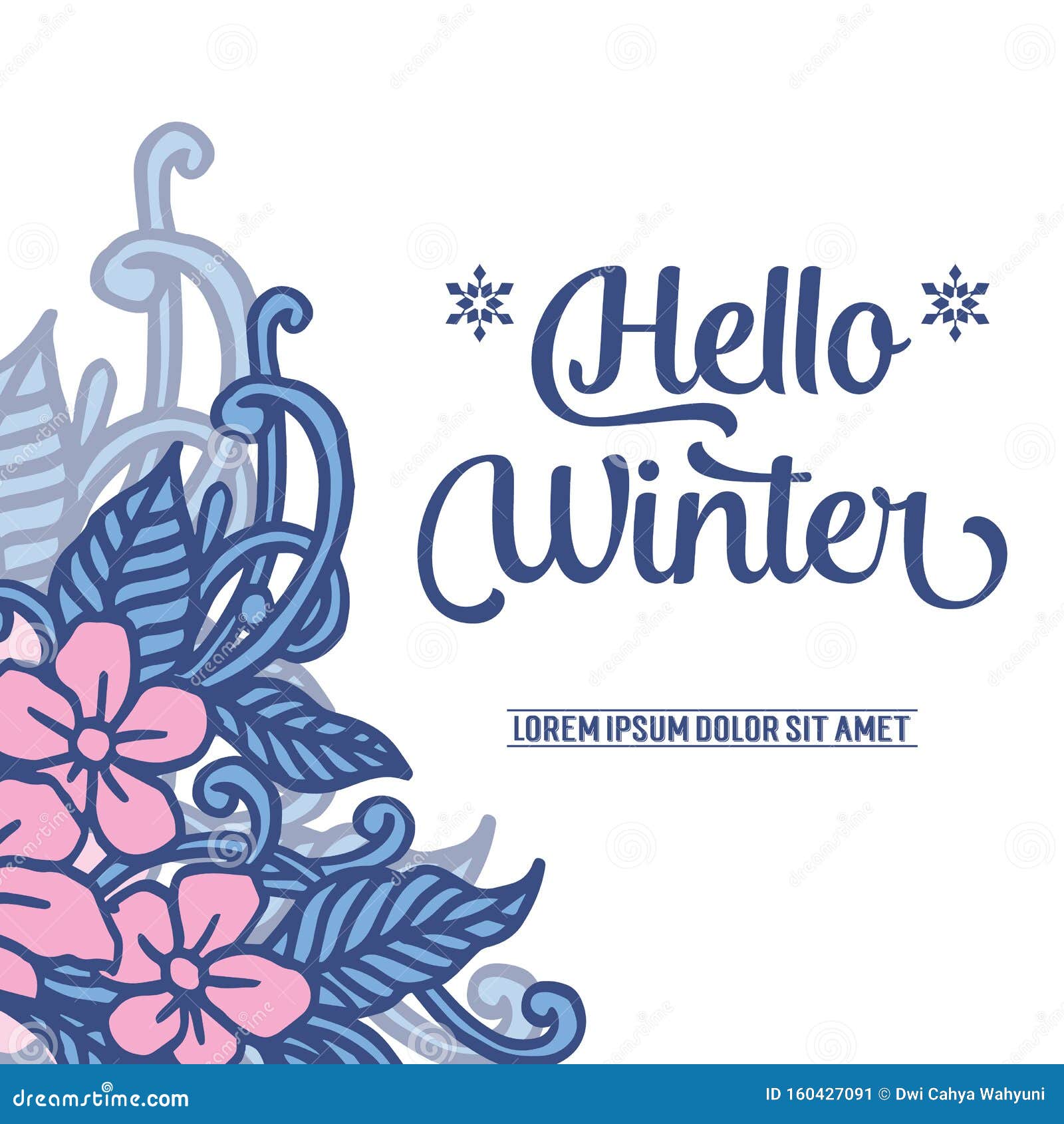 Calligraphy Card Hello Winter, with Feauture Blue Leaf Frame and Flower ...