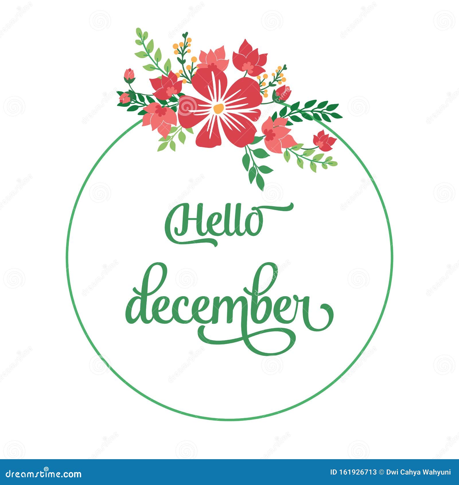Calligraphy Design of Card Hello December, with Decorative of Green ...