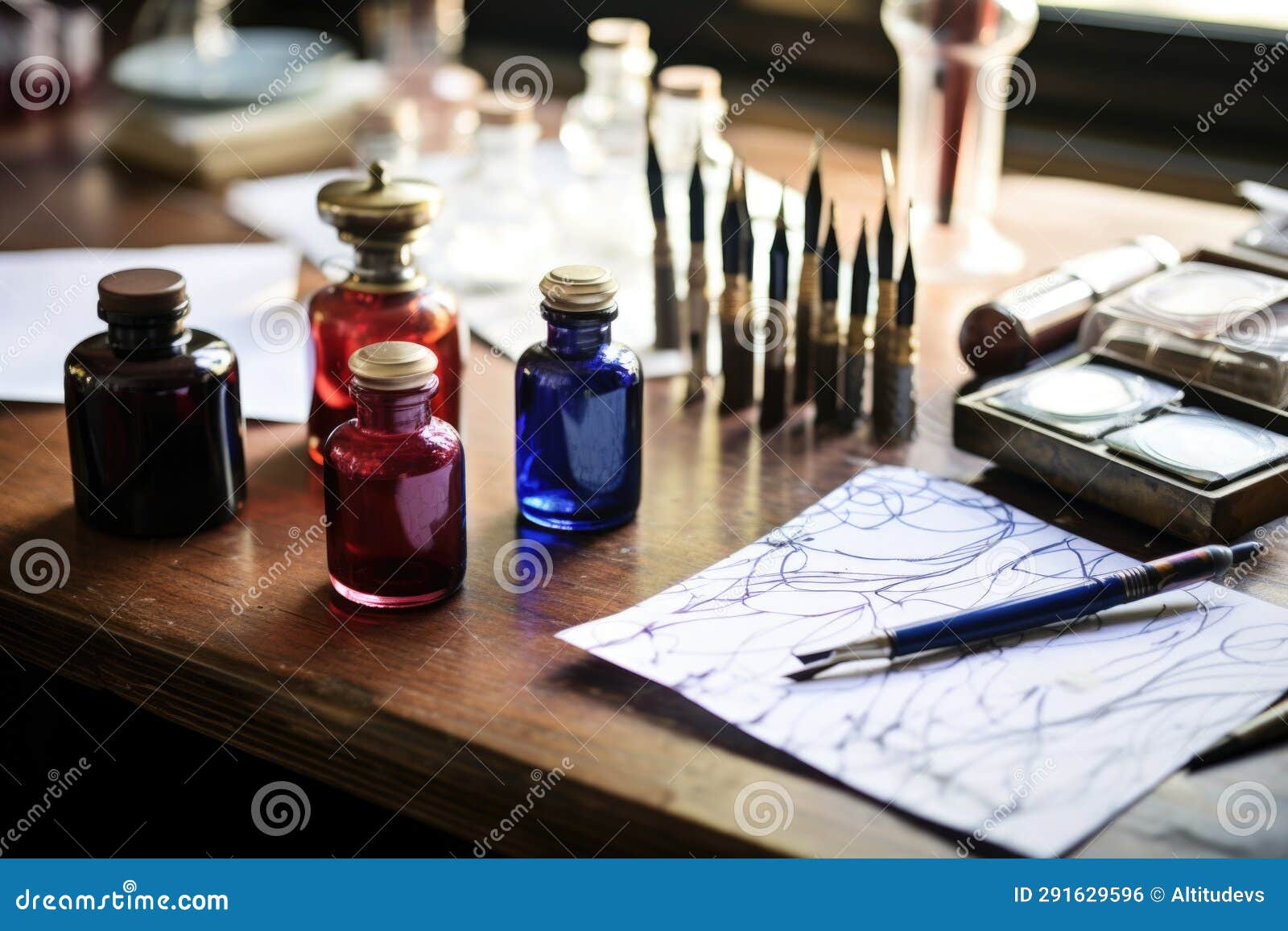 Calligraphy Pens, Ink, and Practice Sheets on a Desk Stock Photo ...