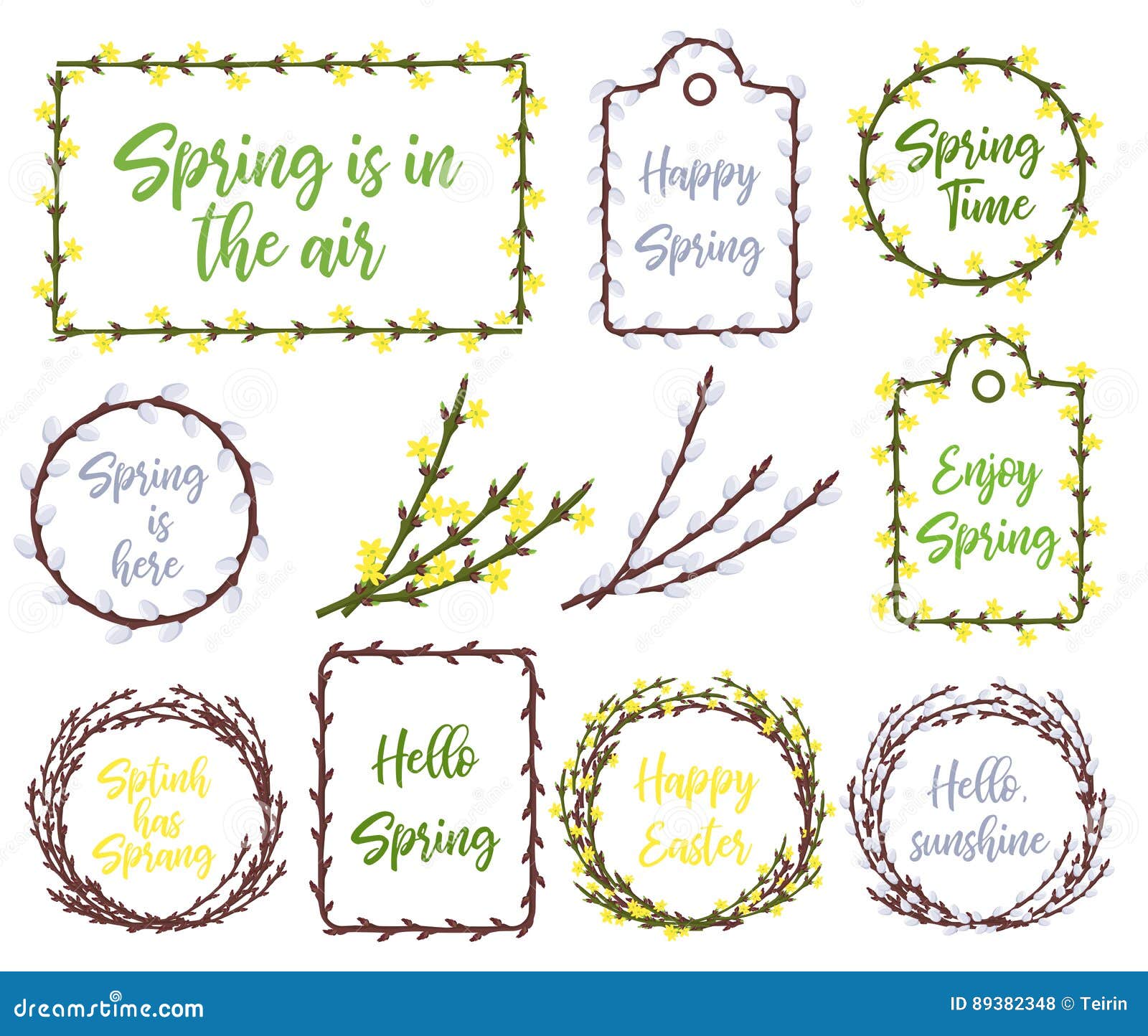 Calligraphy Quote Hello Spring with Willow Branches Circle Wreath or ...