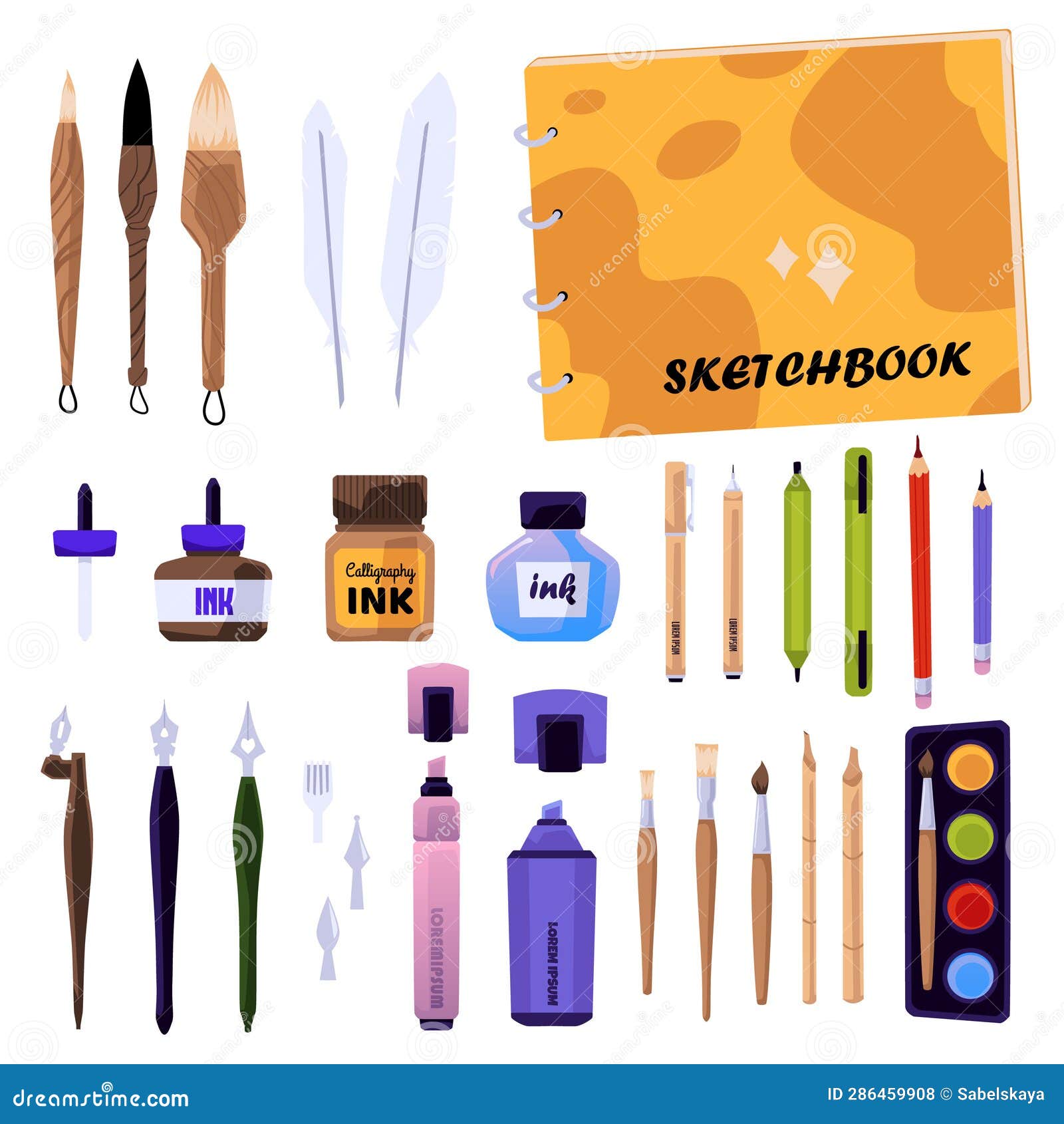 Calligraphy Tools Set, Flat Vector Illustration Isolated on White ...