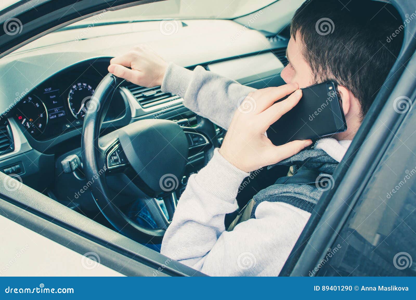 Calling by Driving. Risky Driver Using Phone while Driving Stock Photo ...
