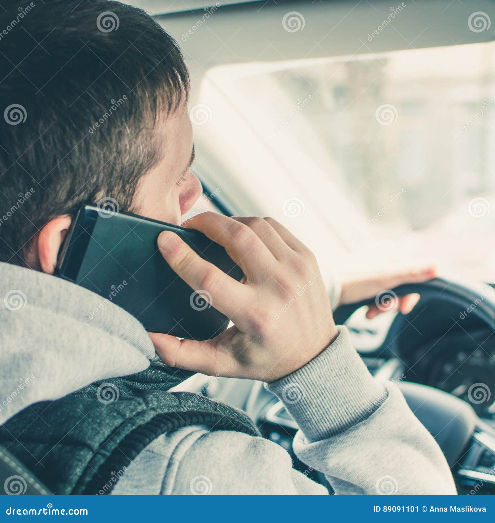 Calling by Driving. Risky Driver Using Phone while Driving. Square ...