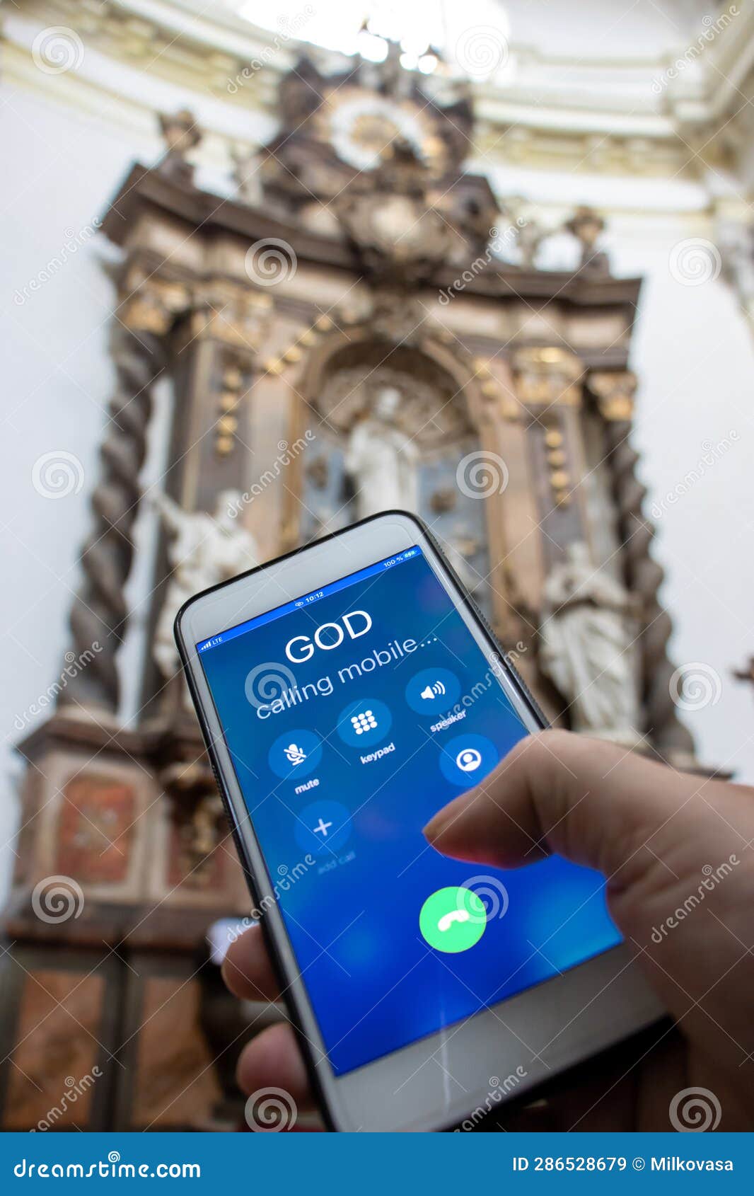 Calling God by Mobile Phone in Front of the Altar in the Church Stock ...