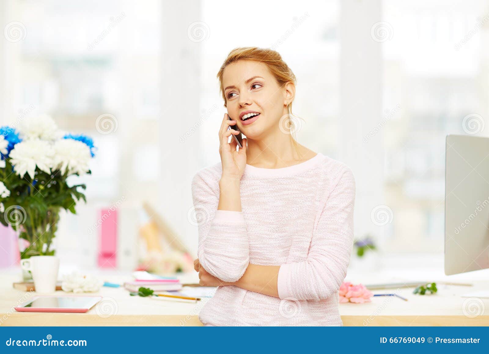 Calling at work stock image. Image of blonde, happy, pretty - 66769049