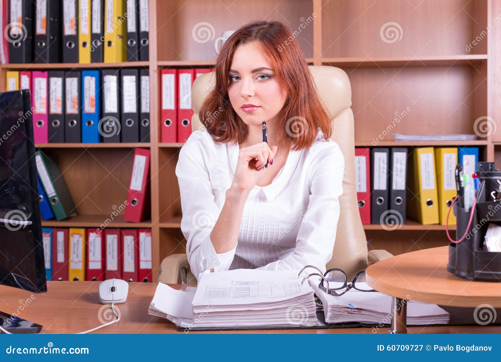 Calm accountant with pen stock image. Image of library - 60709727