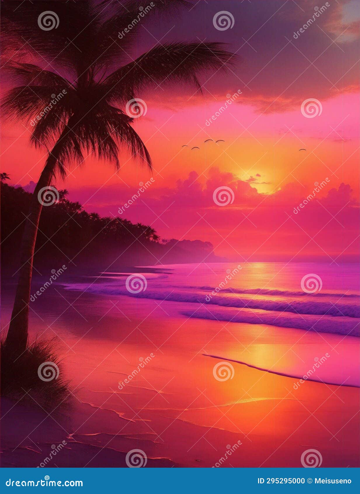 Calm Beach Scene at Sunset, Waves and Palm Trees Illustration Stock ...