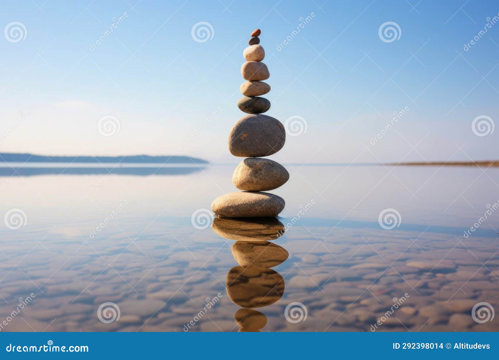 A Calm Beach with Smooth Stones Stacked in a Balance Tower Stock Photo ...
