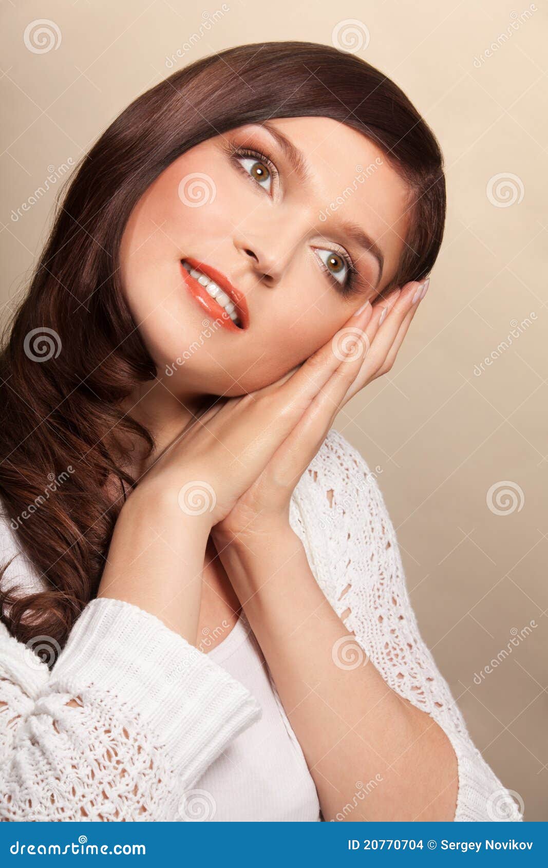 Calm Beauty Fashion Model Woman Face. Portrait With White Rose Flower ...